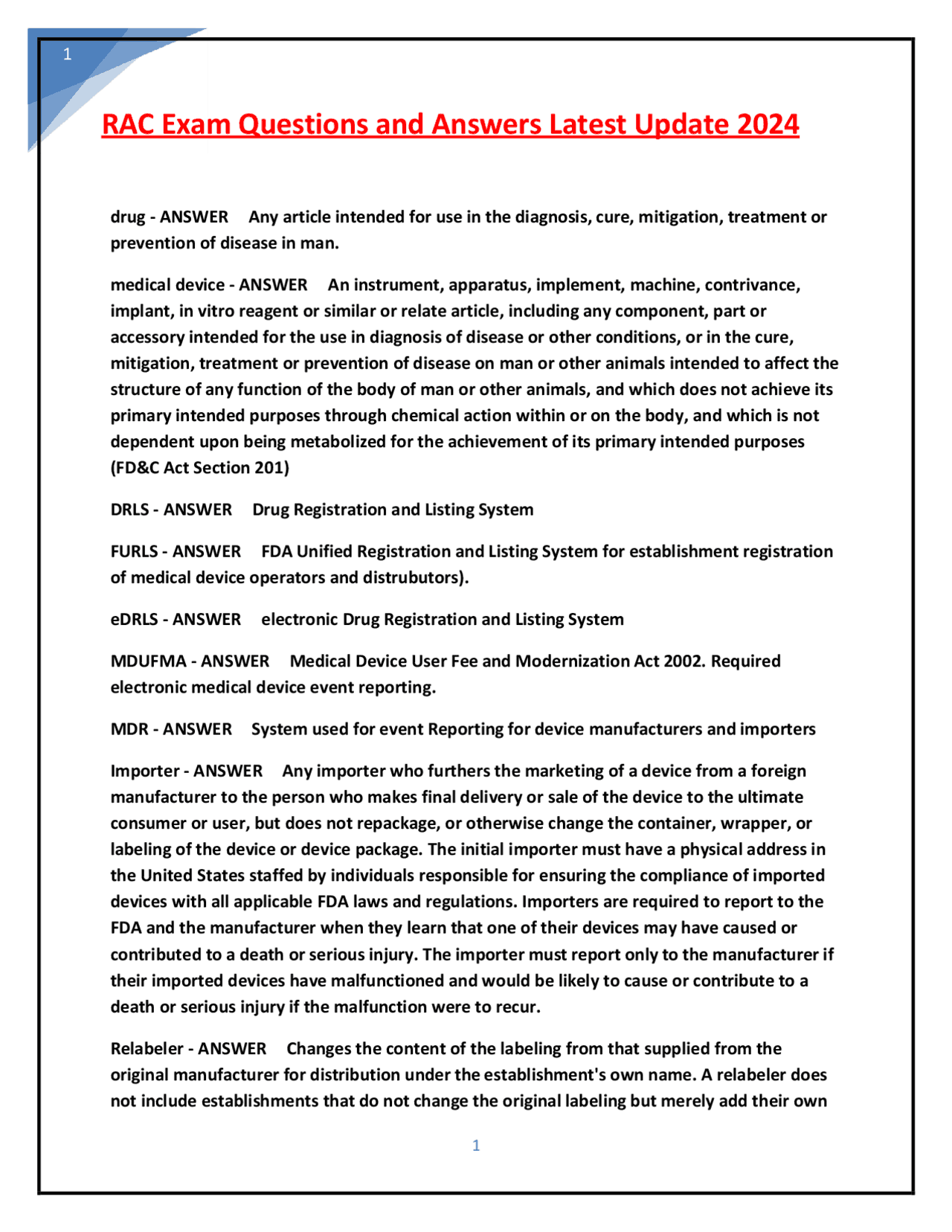 RAC Exam Questions and Answers Latest Update 2024 | Exams Nursing | Docsity