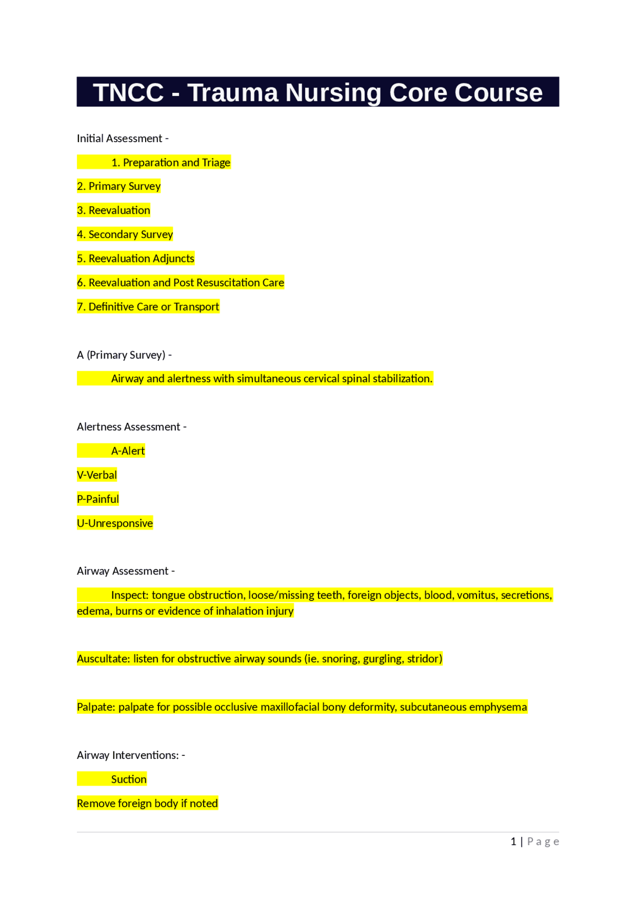 TNCC - Trauma Nursing Core Course | Exams Nursing | Docsity