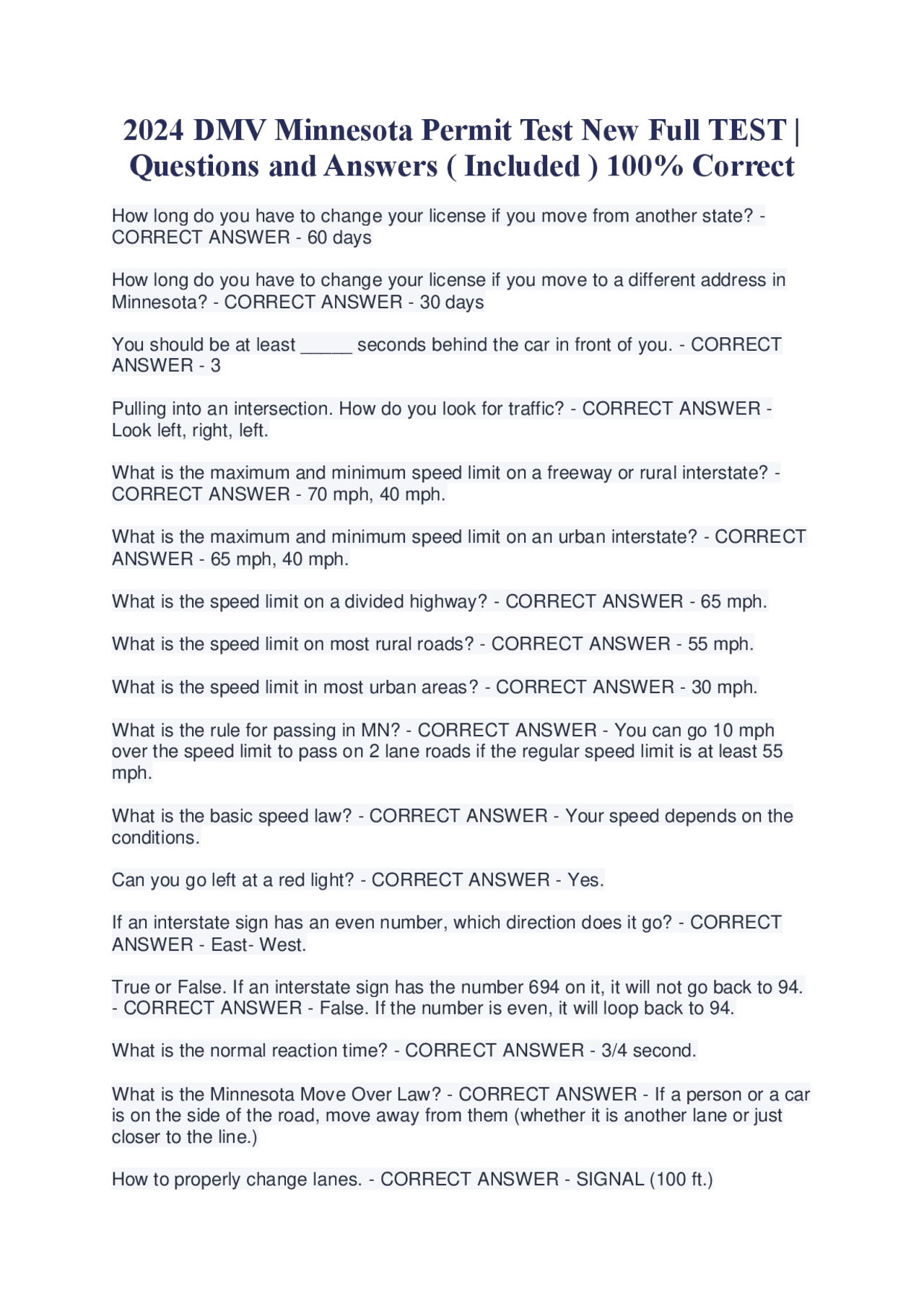 2024 DMV Minnesota Permit Test New Full TEST | Questions and Answers ...