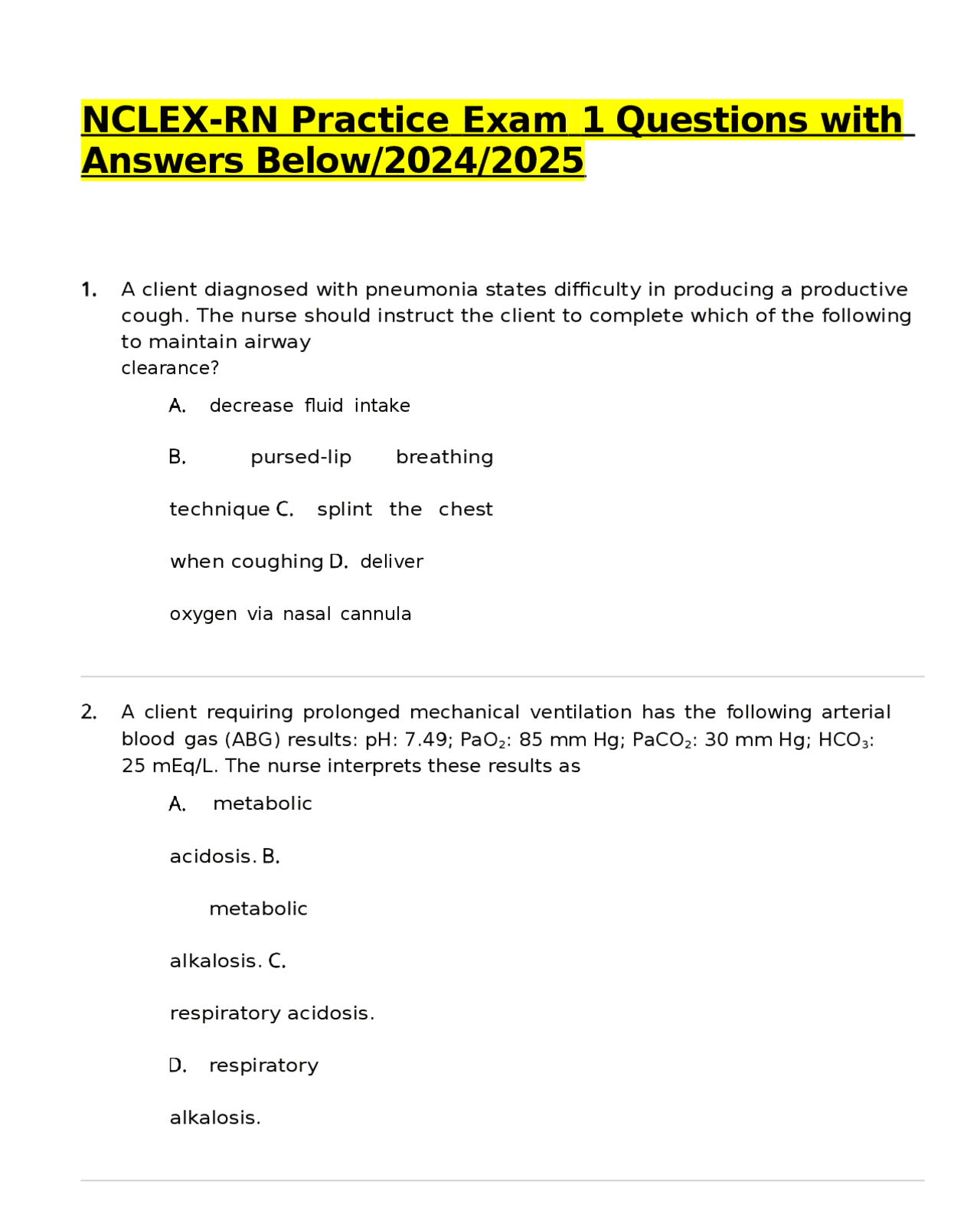 NCLEX-RN Practice Exam 1 Questions with Answers Below/2024/2025 | Exams Nursing | Docsity