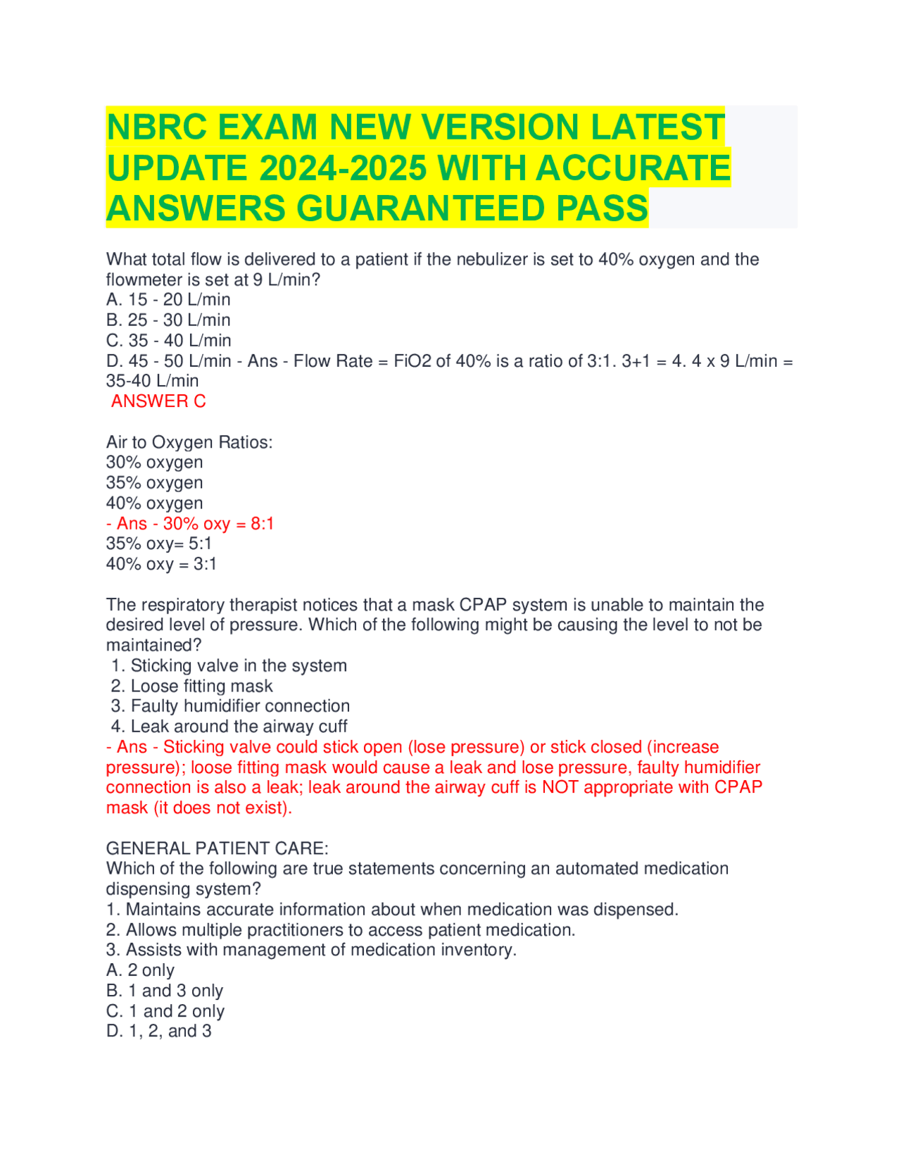 NBRC EXAM NEW VERSION LATEST UPDATE 2024-2025 WITH ACCURATE ANSWERS ...