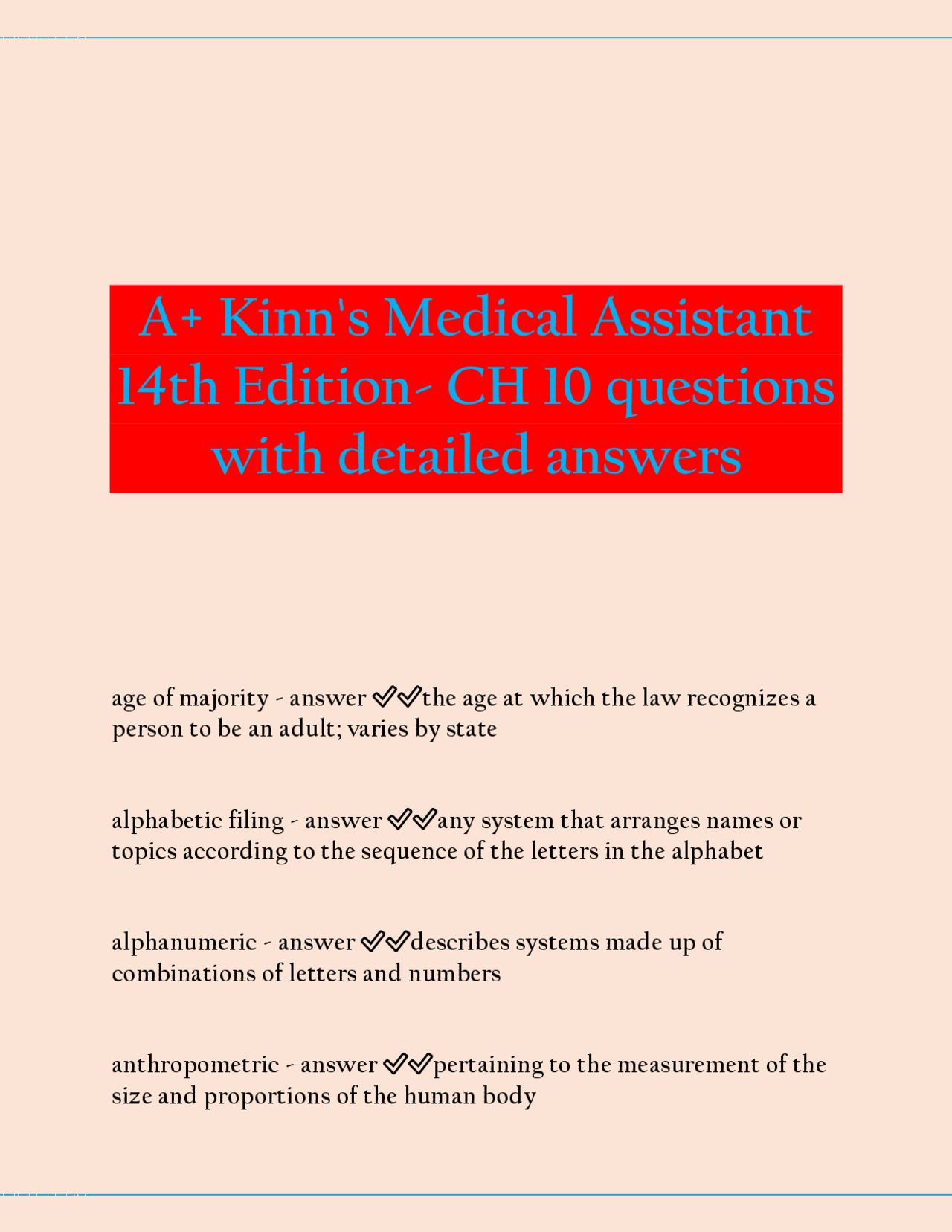 A+ Kinn's Medical Assistant 14th Edition- CH 10 questions with detailed answers | Exams Nursing ...