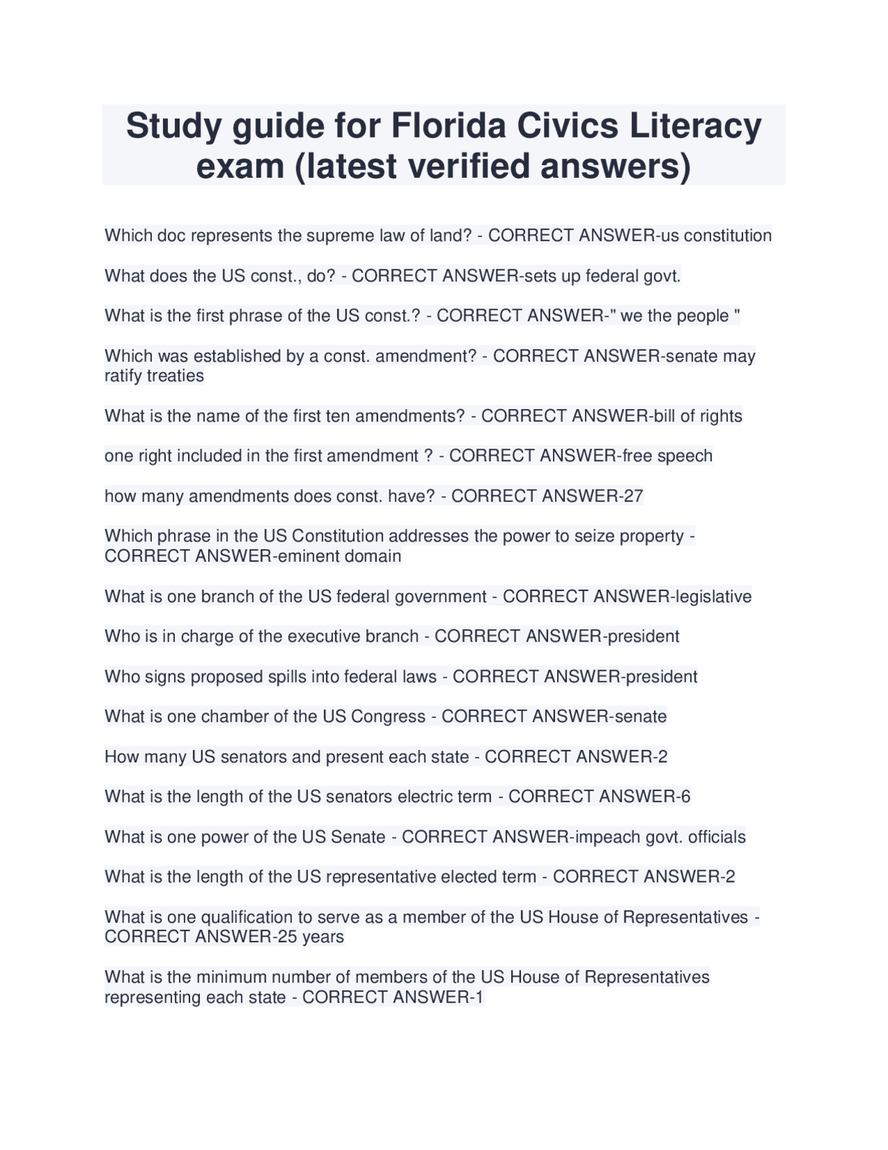 Study guide for Florida Civics Literacy exam (latest verified answers ...