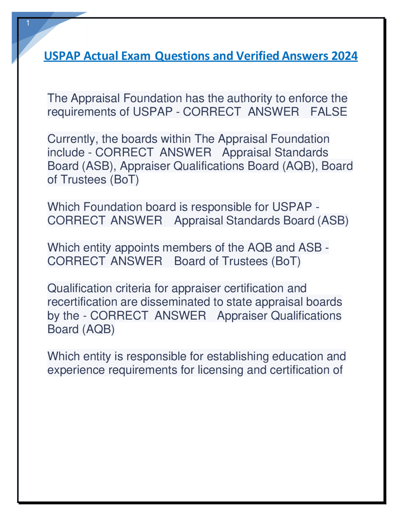 USPAP Actual Exam Questions and Verified Answers 2024 | Exams Nursing ...