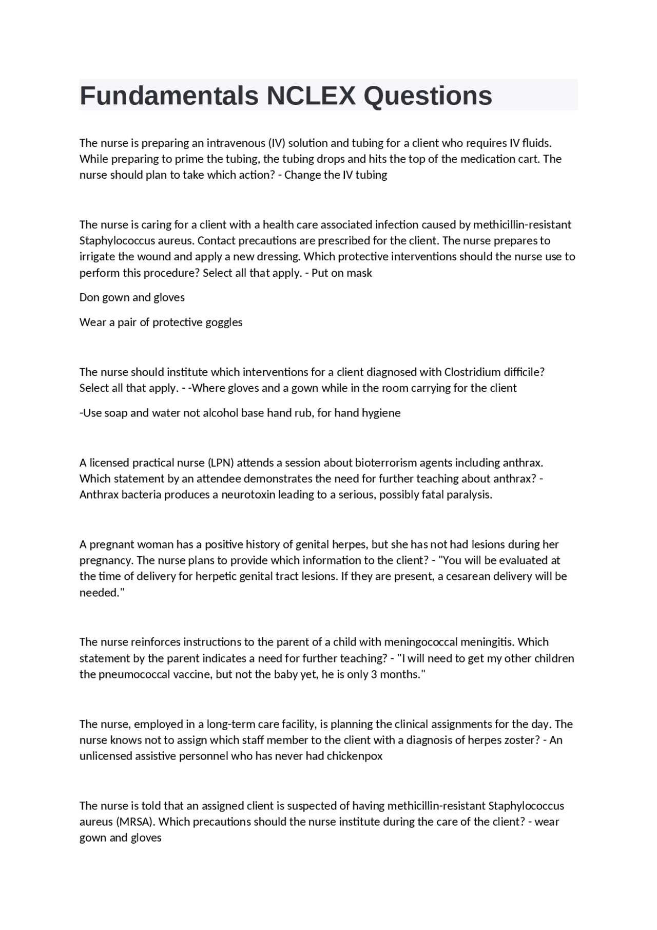 Fundamentals NCLEX Questions | Exams Nursing | Docsity