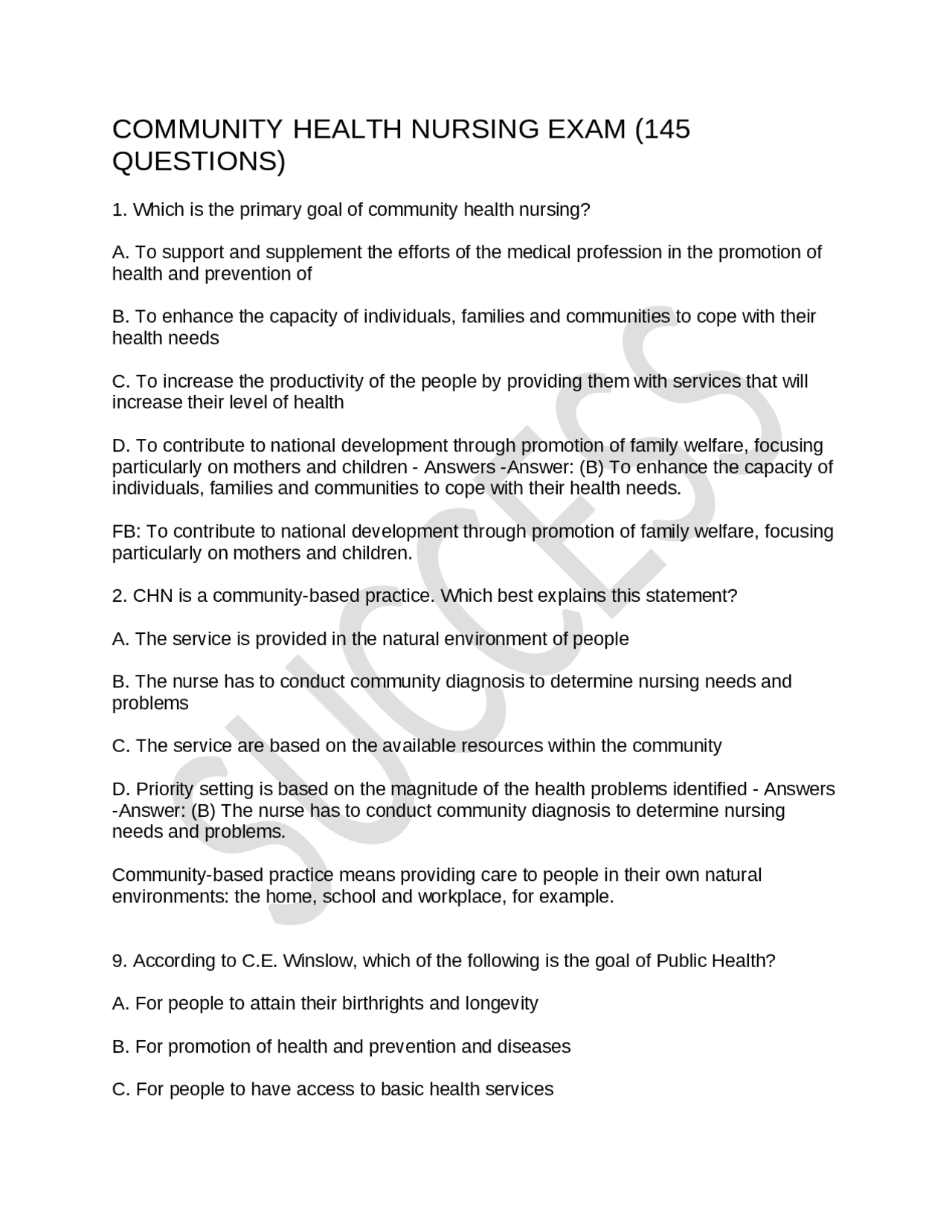 COMMUNITY HEALTH NURSING EXAM (145 QUESTIONS) | Exams Nursing | Docsity