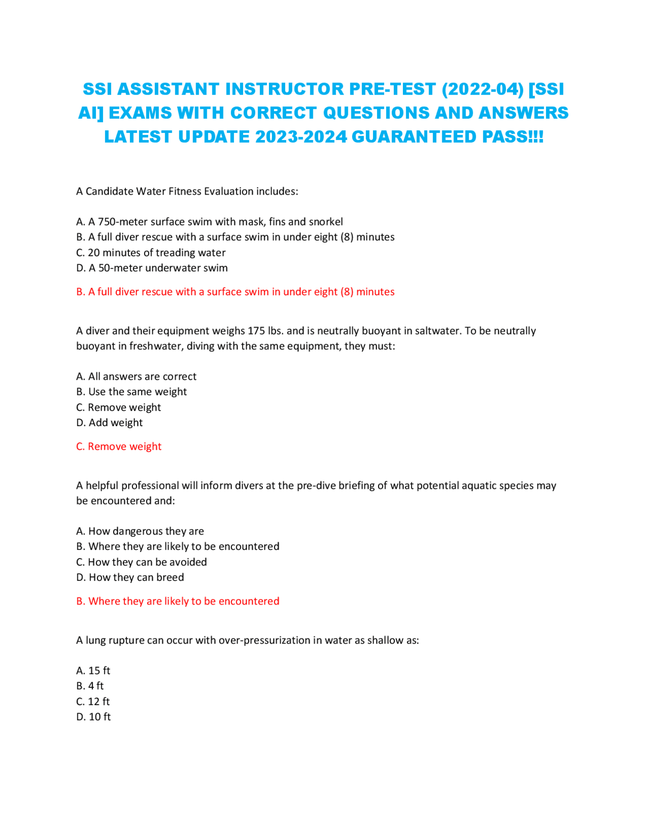 SSI ASSISTANT INSTRUCTOR PRE-TEST (2022-04) | Exams Nursing | Docsity