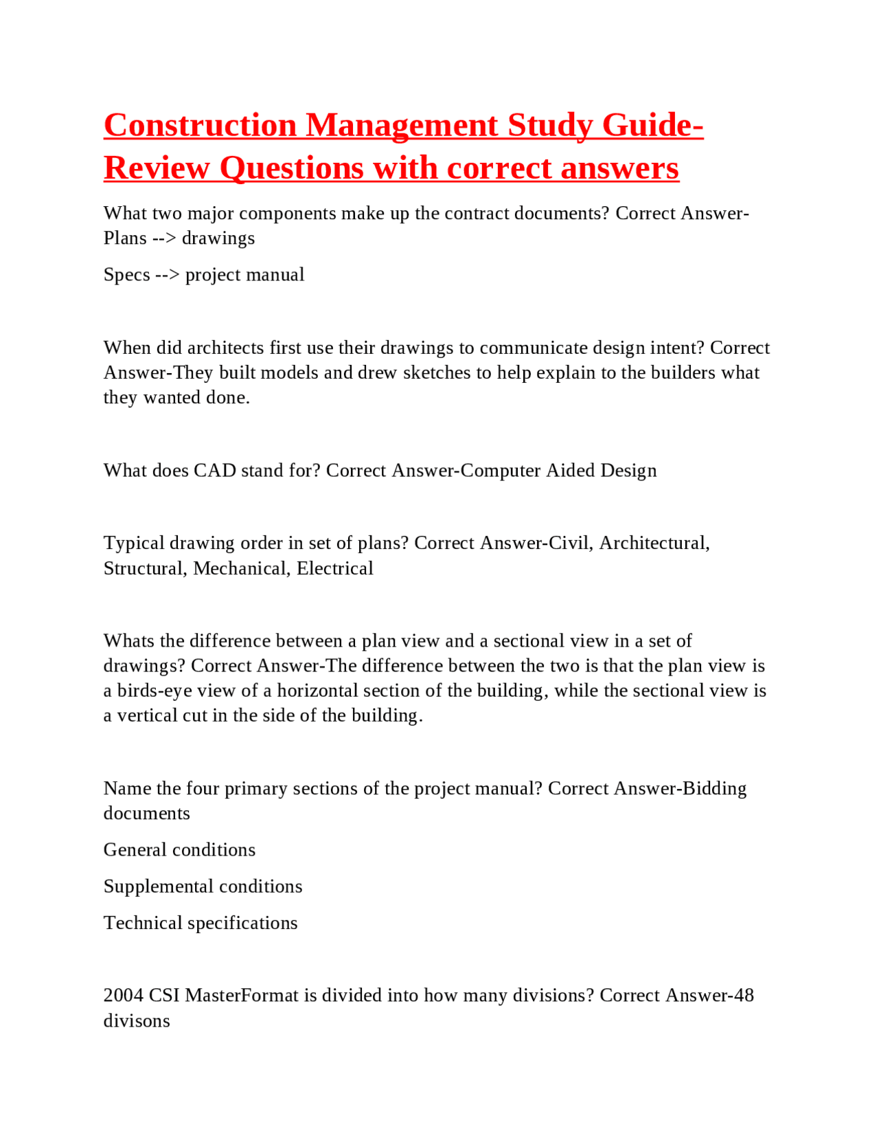 Construction Management Study Guide-Review Questions with correct answers | Exams Nursing | Docsity