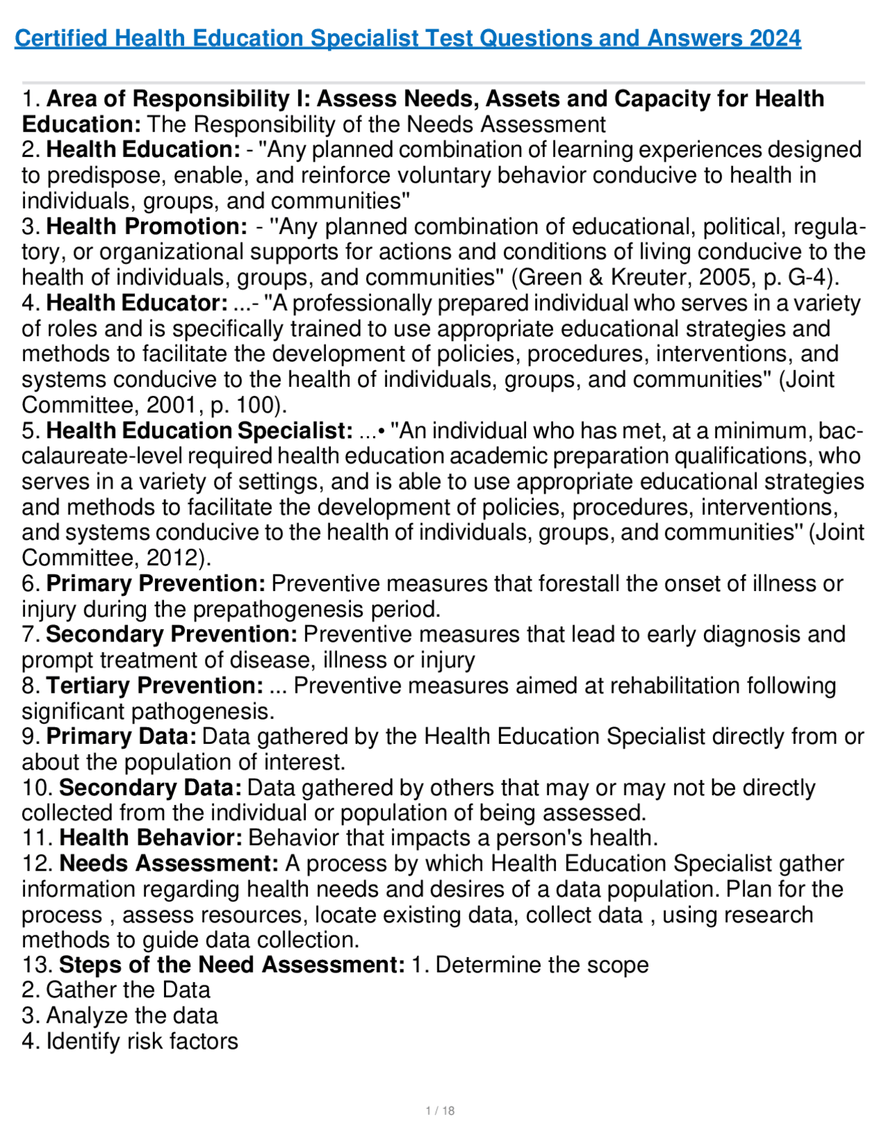 Certified Health Education Specialist Test Questions and Answers 2024 ...