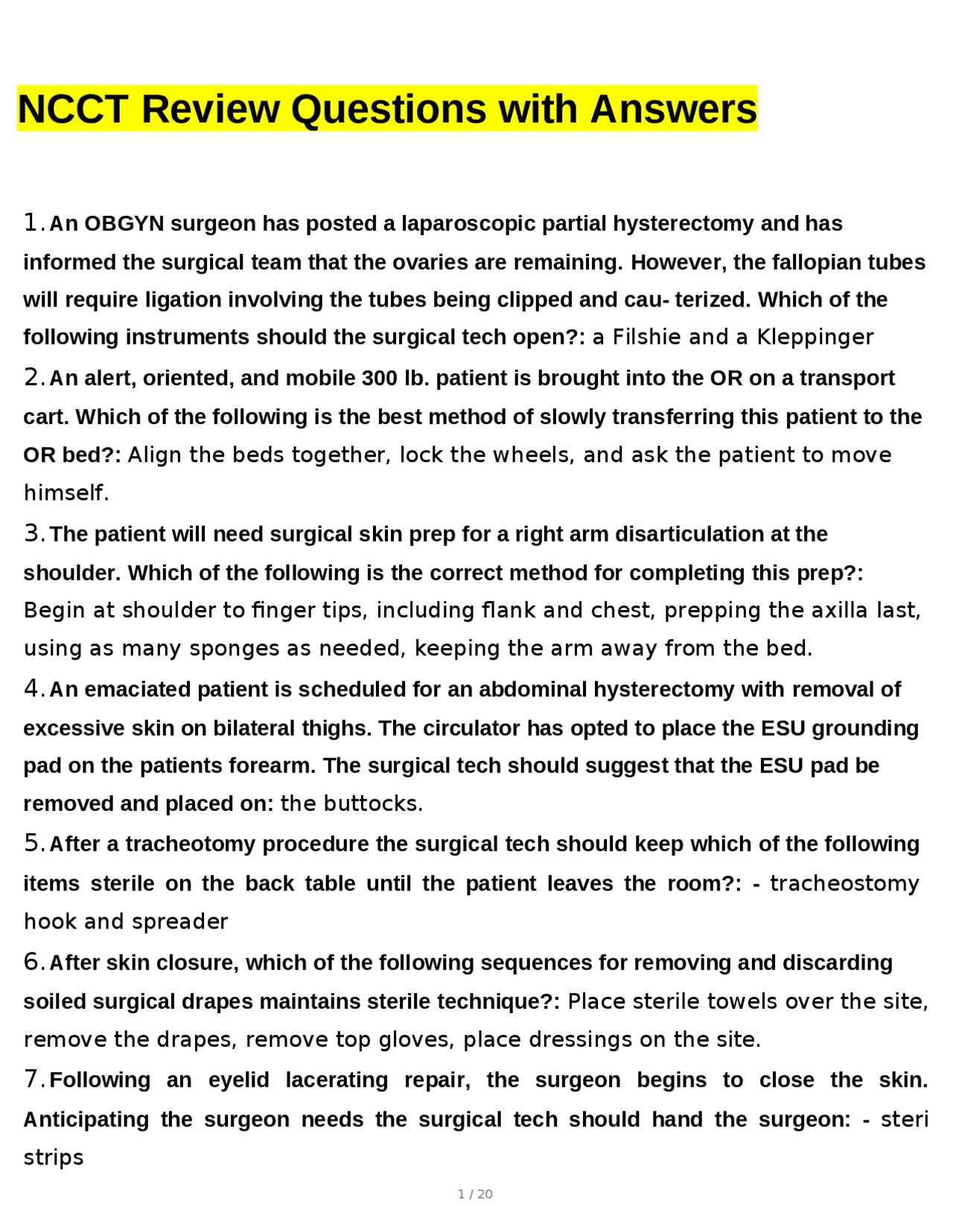NCCT Review Questions with Answers | Exams Nursing | Docsity