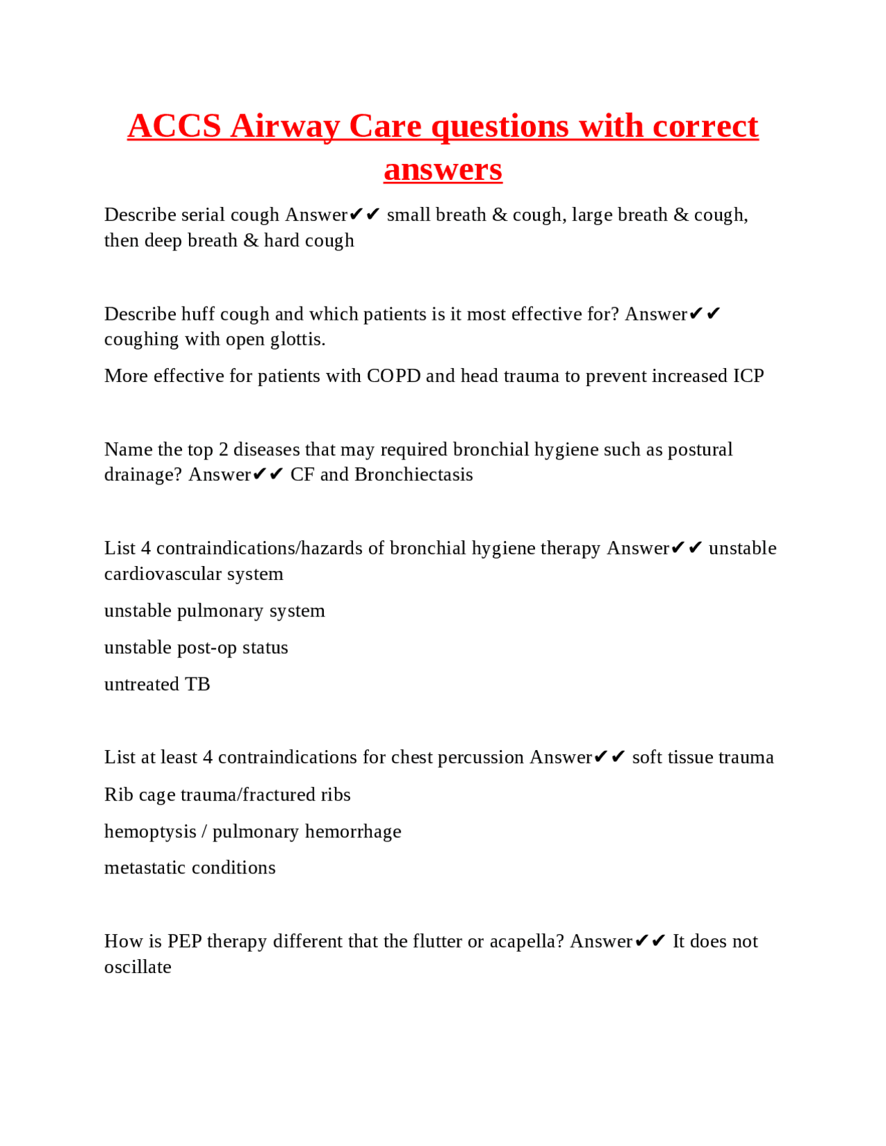 ACCS Airway Care questions with correct answers | Exams Nursing | Docsity