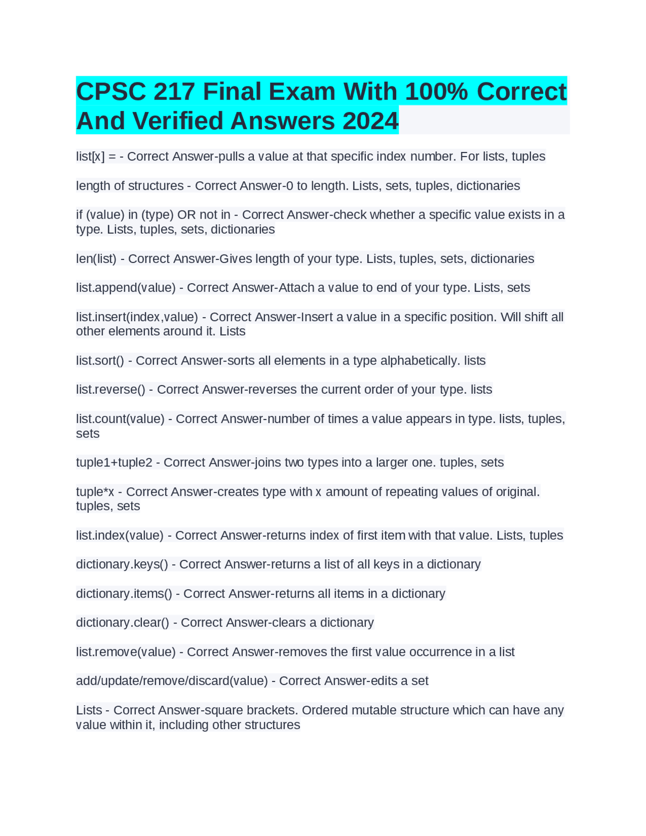 CPSC 217 Final Exam With 100% Correct And Verified Answers 2024 | Exams Advanced Education | Docsity