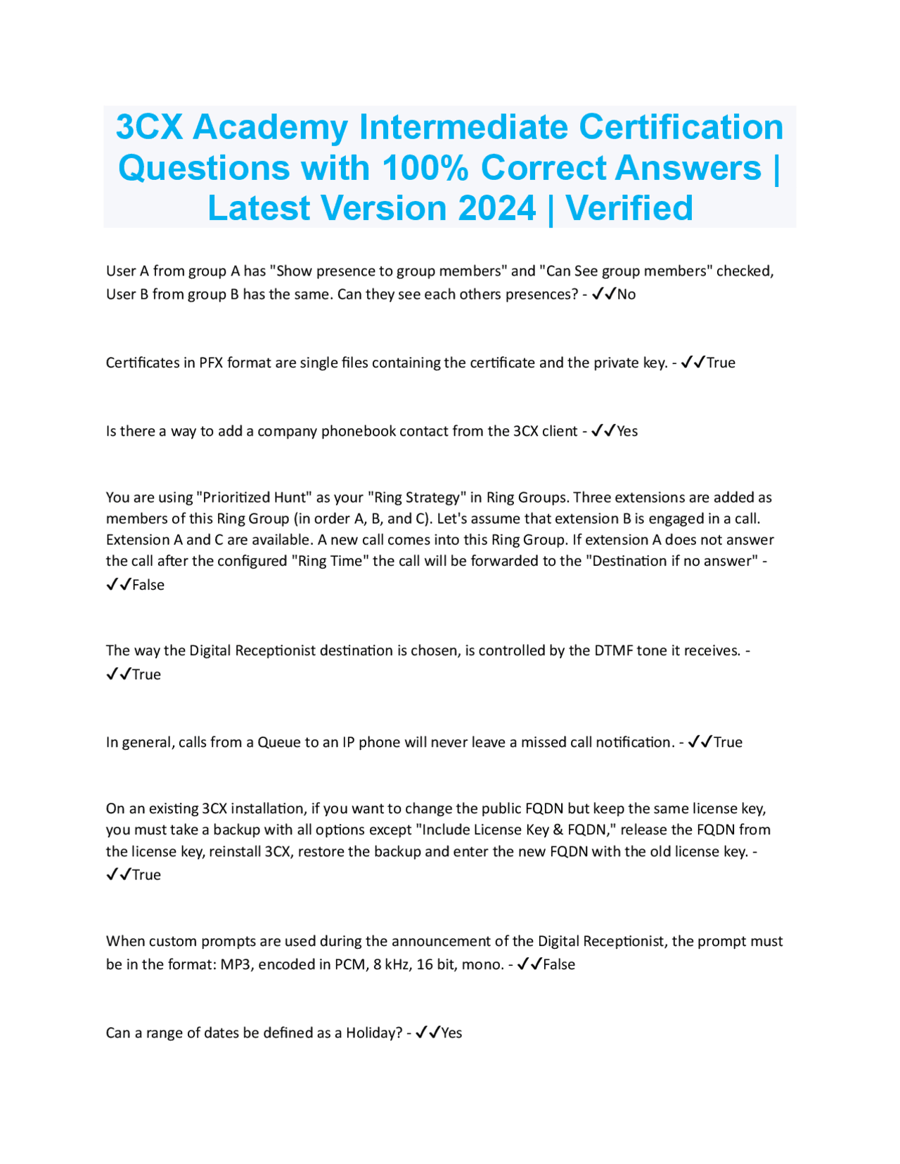 3CX Academy Intermediate Certification Questions with 100% Correct ...