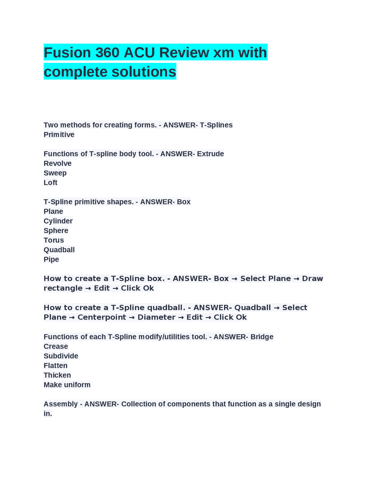 Fusion 360 ACU Review xm with complete solutions | Exams Nursing | Docsity