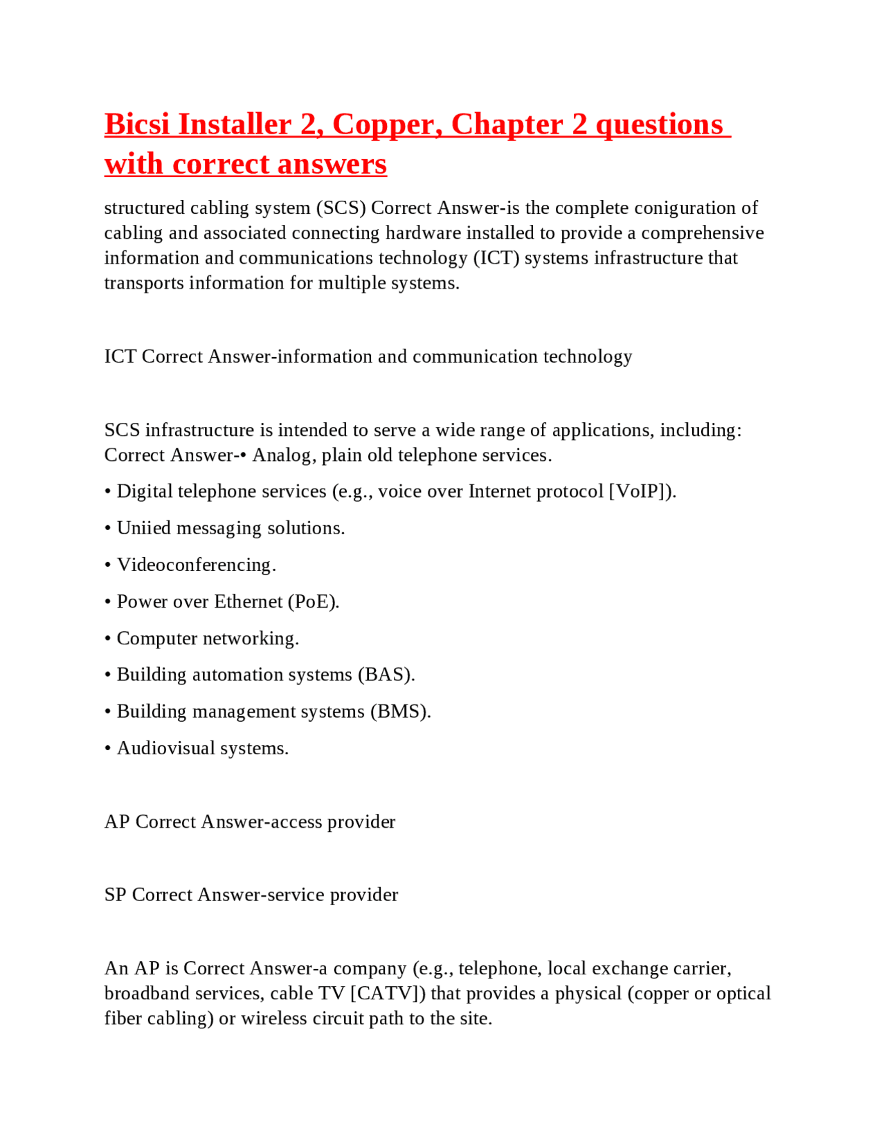 Bicsi Installer 2, Copper, Chapter 2 questions with correct answers | Exams Engineering | Docsity