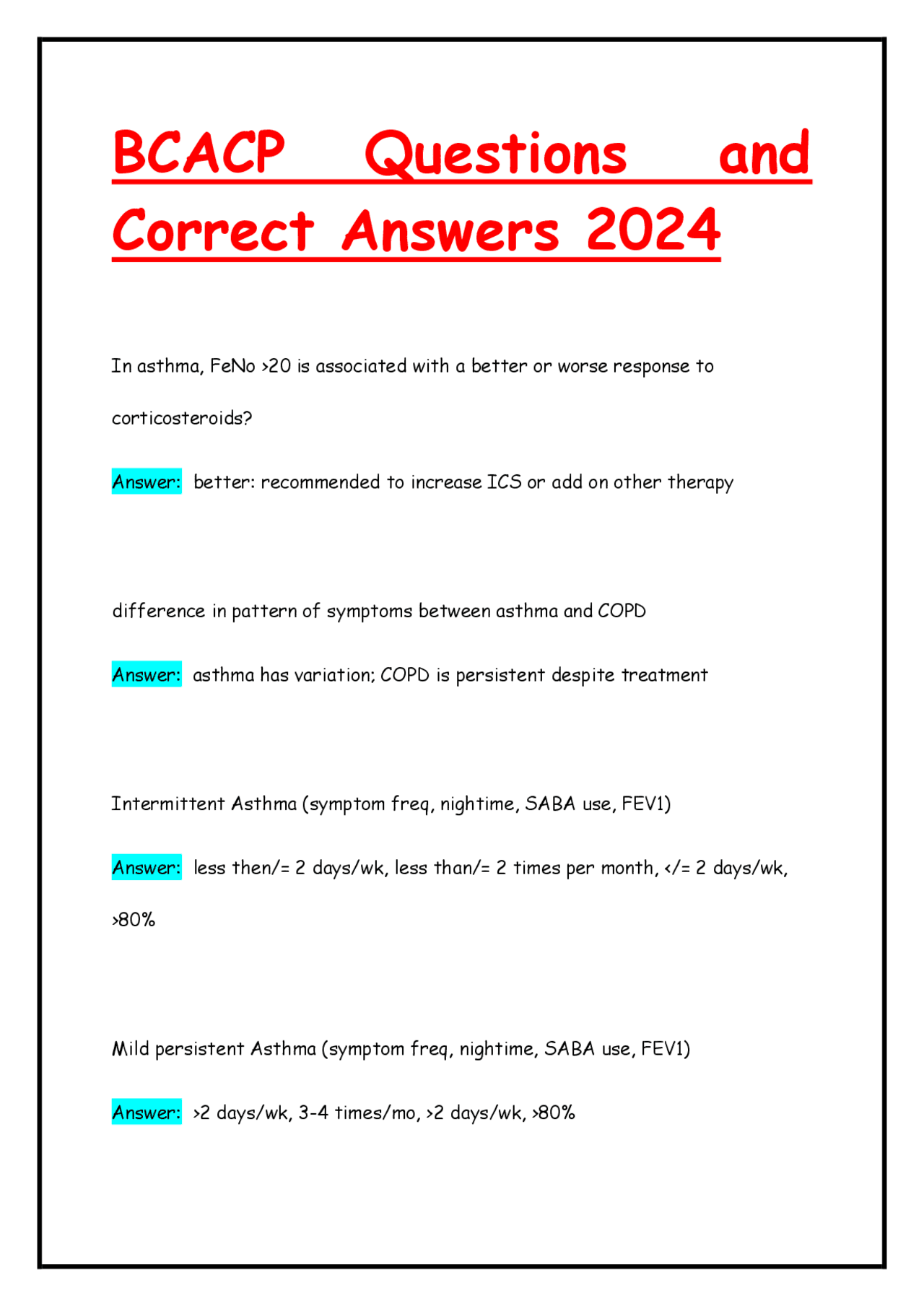 BCACP Questions and Correct Answers 2024 | Exams Nursing | Docsity
