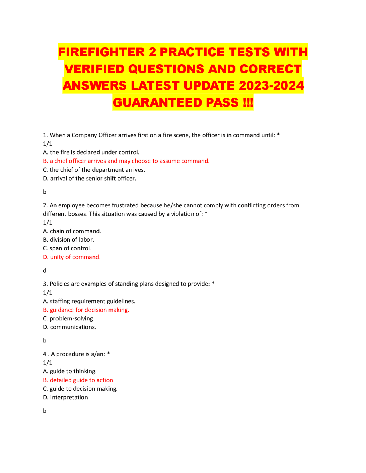 FIREFIGHTER 2 PRACTICE TESTS | Exams Nursing | Docsity