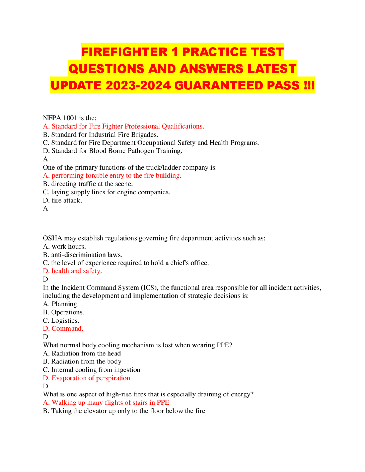 FIREFIGHTER 1 PRACTICE TEST | Exams Nursing | Docsity