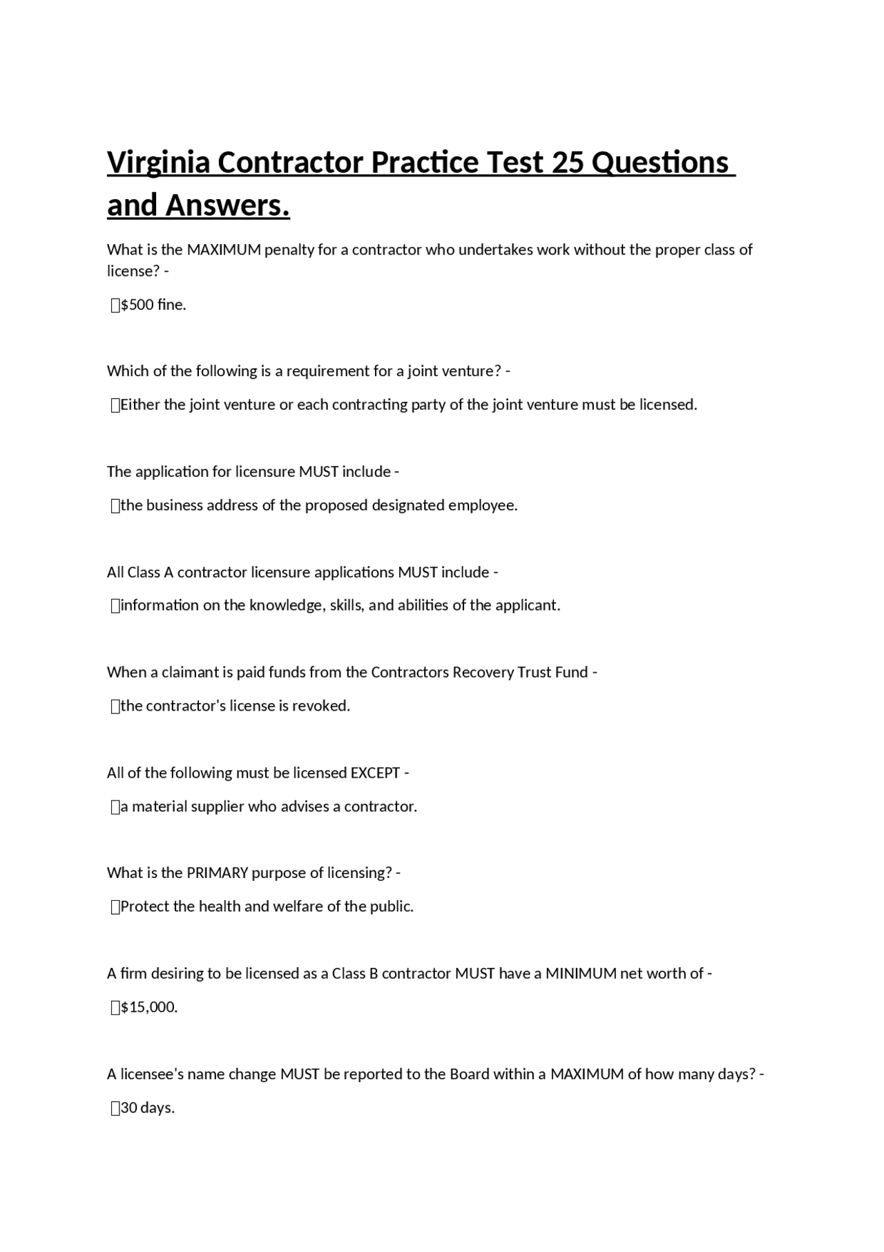 Virginia Contractor Practice Test 25 Questions and Answers. | Exams ...