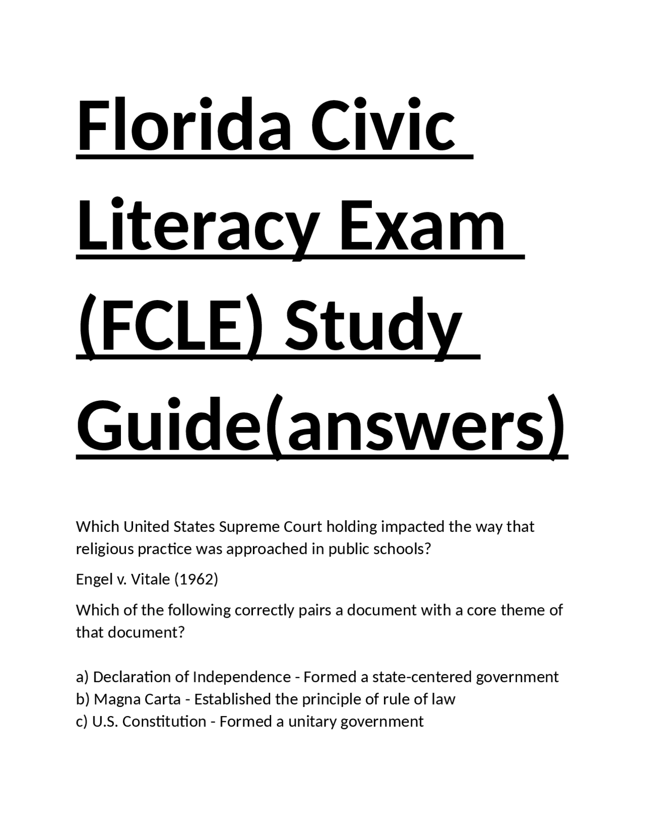 Florida Civic Literacy Exam (FCLE) Study Guide(answers).docx | Study ...