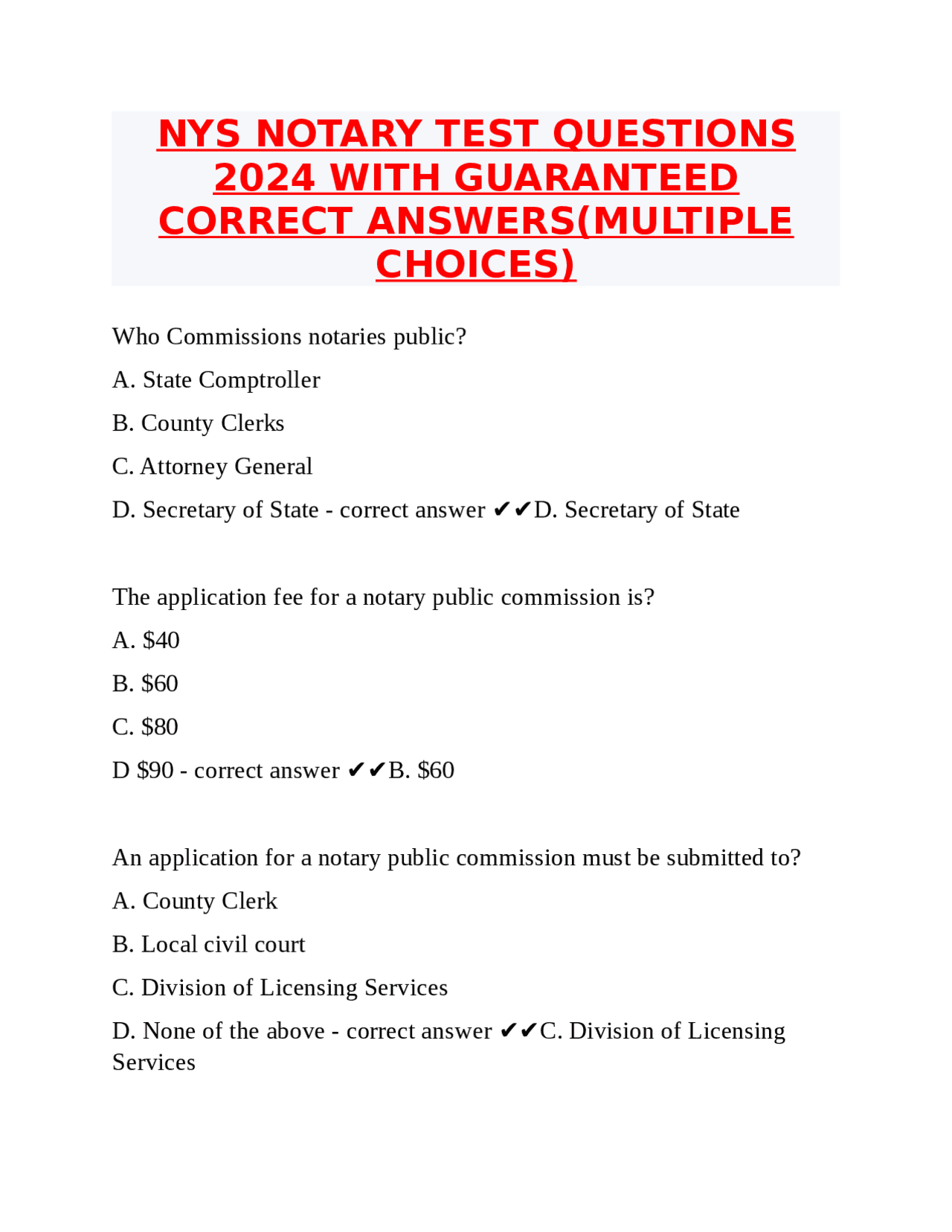 NYS NOTARY TEST QUESTIONS 2024 WITH GUARANTEED CORRECT ANSWERS(MULTIPLE ...