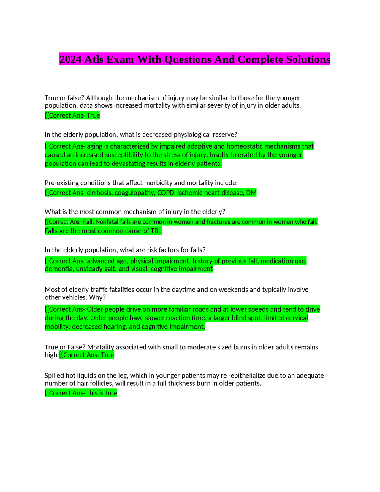 2024 Atls Exam With Questions And Complete Solutions | Exams Nursing ...