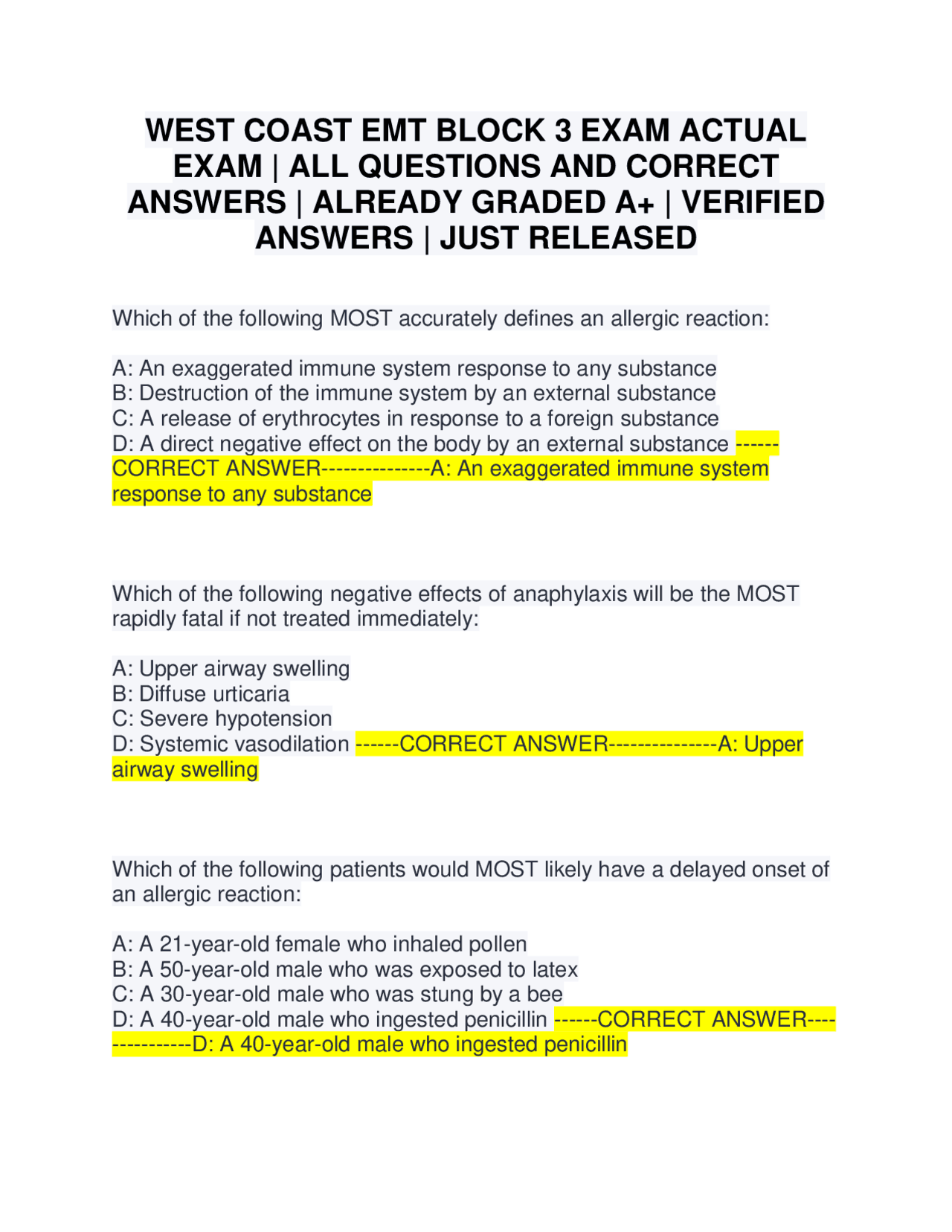 WEST COAST EMT BLOCK 3 EXAM ACTUAL EXAM | ALL QUESTIONS AND CORRECT ...