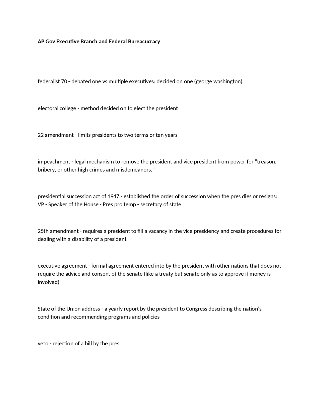 AP Gov Executive Branch and Federal Bureacucracy | Exams History | Docsity