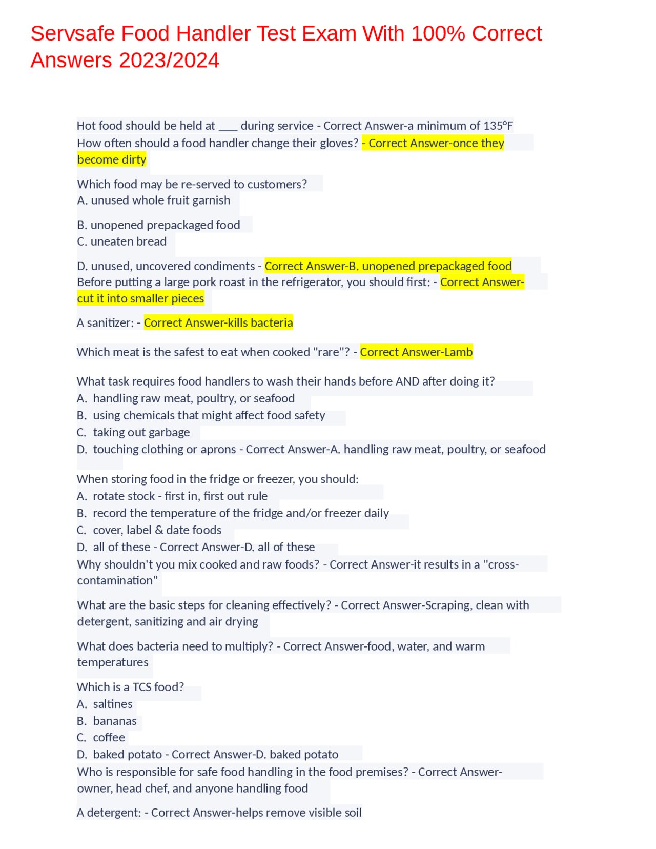 Servsafe Food Handler Test Exam With 100% Correct Answers 2023-2024 ...