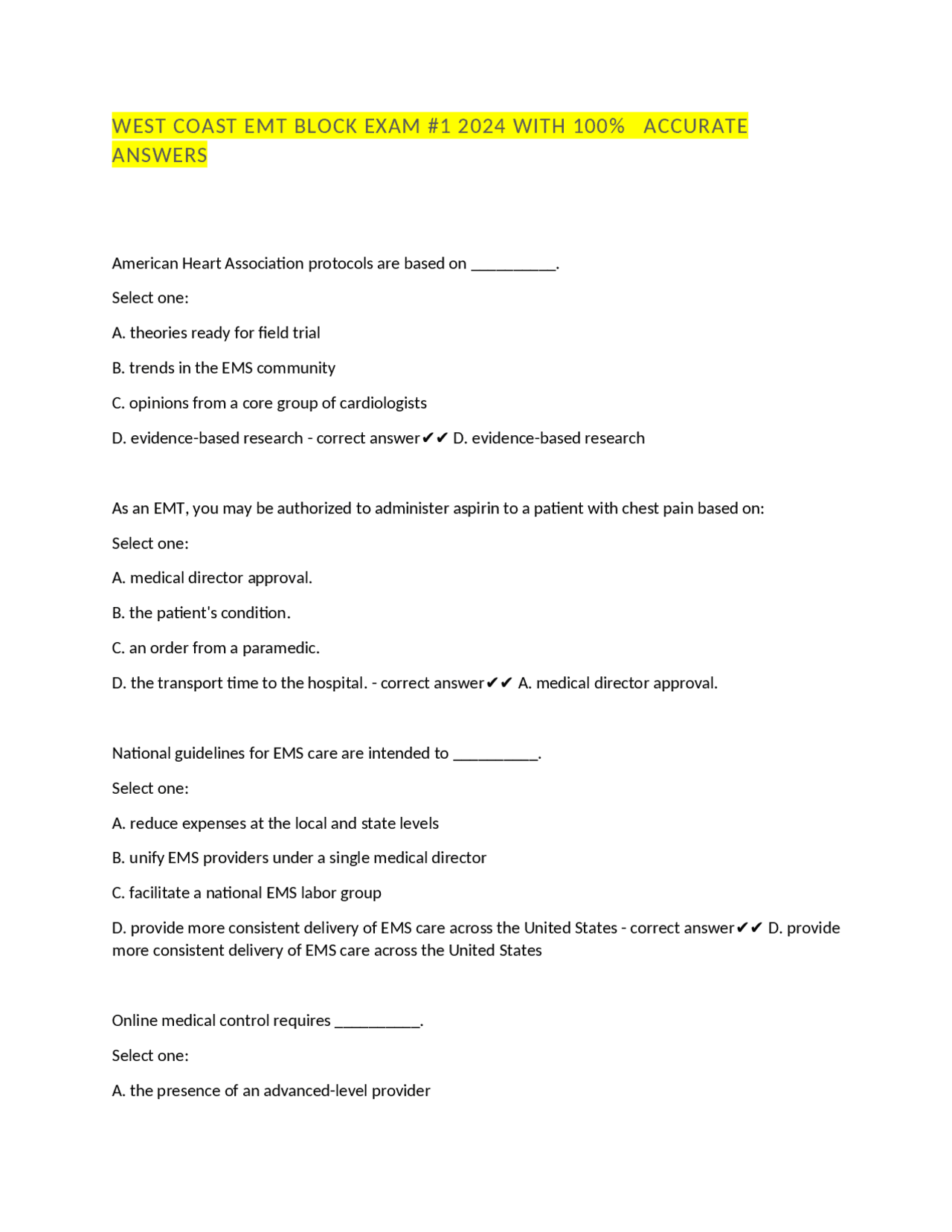 WEST COAST EMT BLOCK EXAM #1 2024 WITH 100% ACCURATE ANSWERS | Exams ...