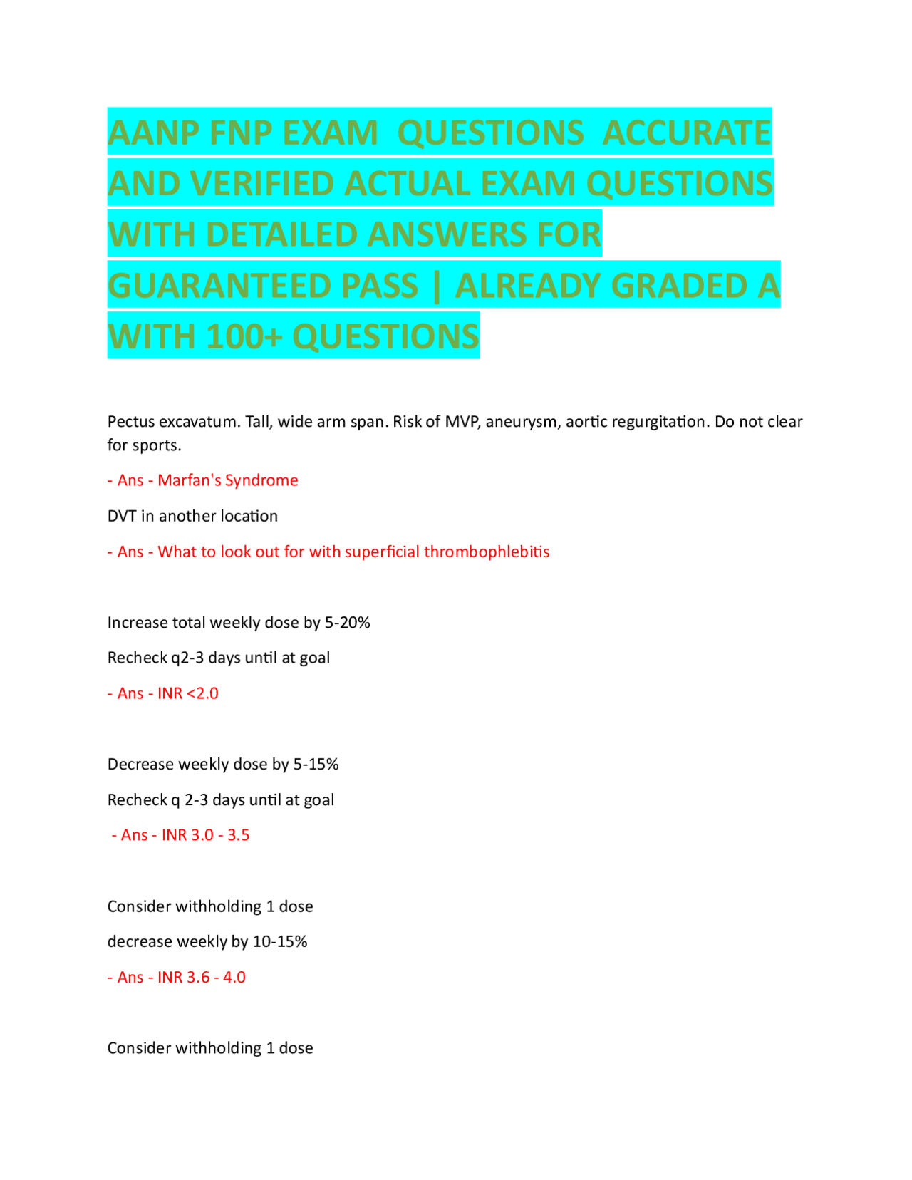 AANP FNP EXAM QUESTIONS ACCURATE AND VERIFIED ACTUAL EXAM QUESTIONS WITH DETAILED ANSWER | Exams ...