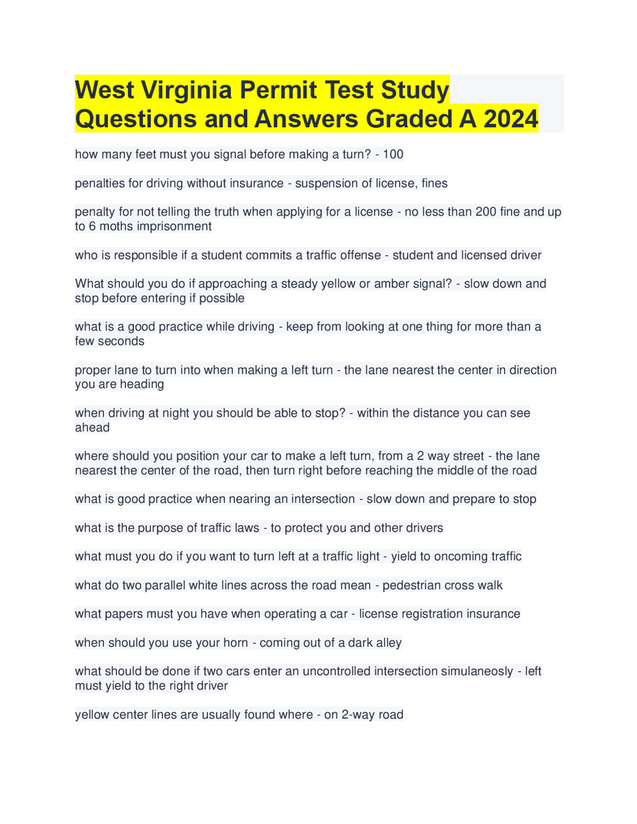 West Virginia Permit Test Study Questions and Answers Graded A 2024 ...
