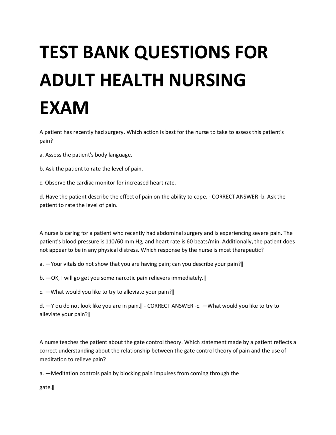 TEST BANK QUESTIONS FOR ADULT HEALTH NURSING EXAM | Exams Nursing | Docsity