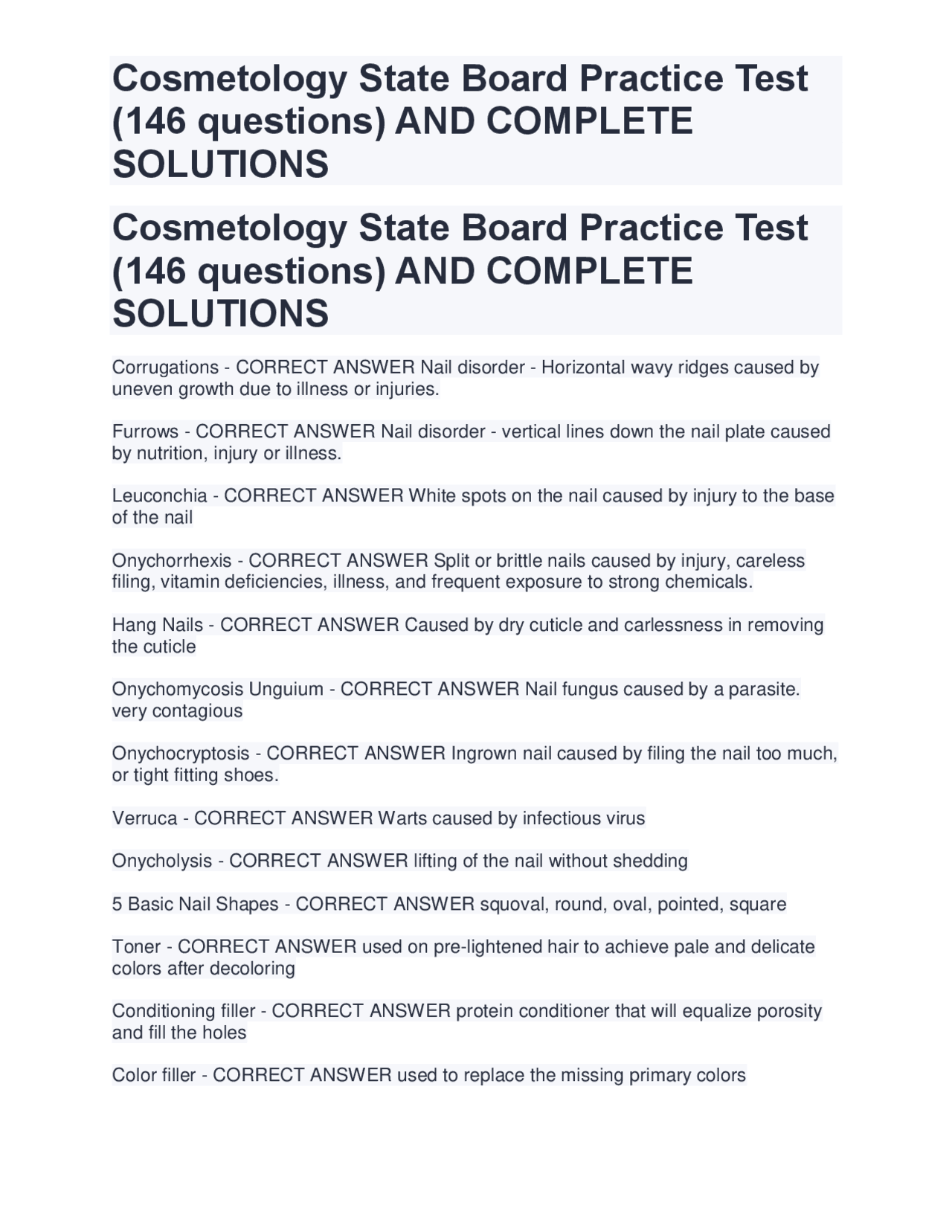 Cosmetology State Board Practice Test (146 questions) AND COMPLETE ...