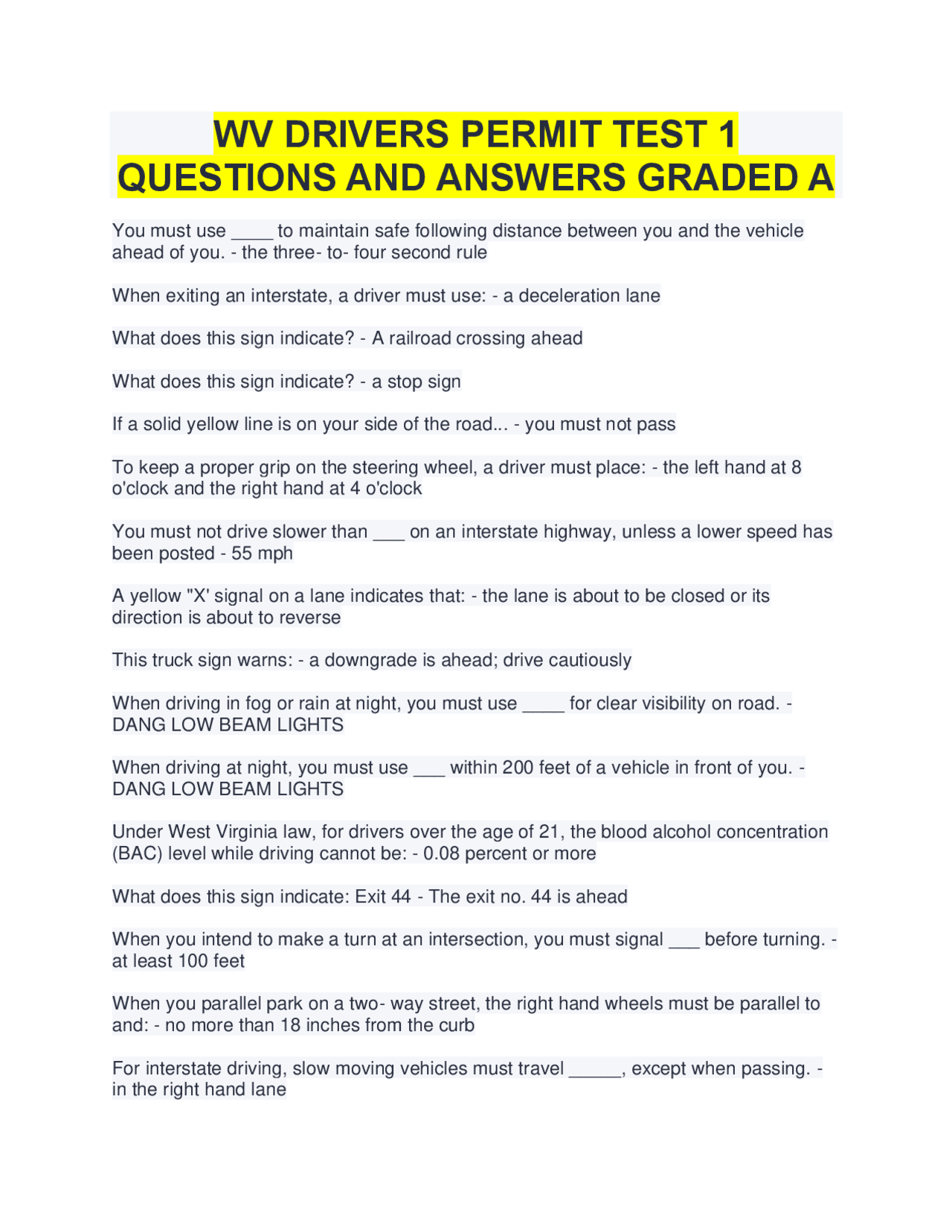 WV DRIVERS PERMIT TEST 1 QUESTIONS AND ANSWERS GRADED A | Exams Nursing ...