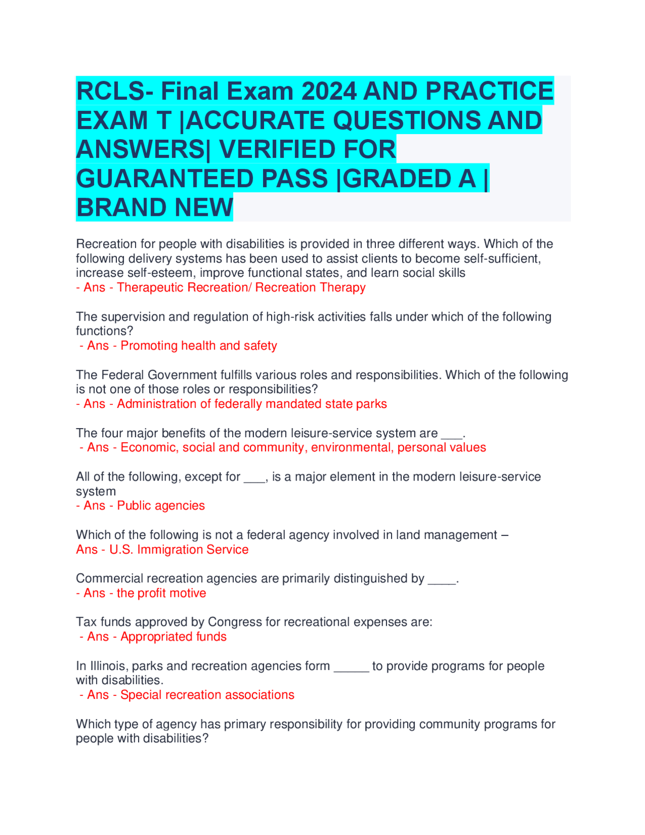 RCLS- Final Exam 2024 AND PRACTICE EXAM T |ACCURATE QUESTIONS AND ...