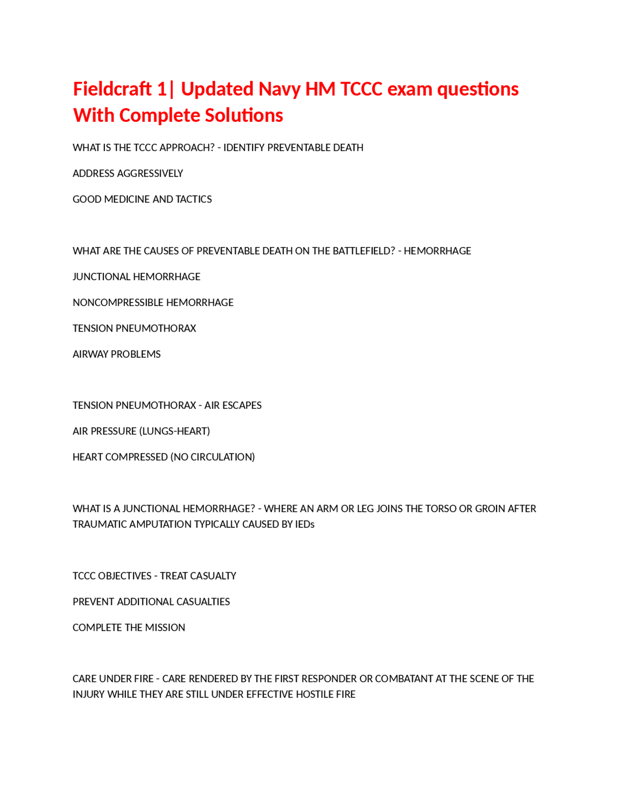 Fieldcraft 1 Updated Navy HM TCCC exam questions With Complete ...
