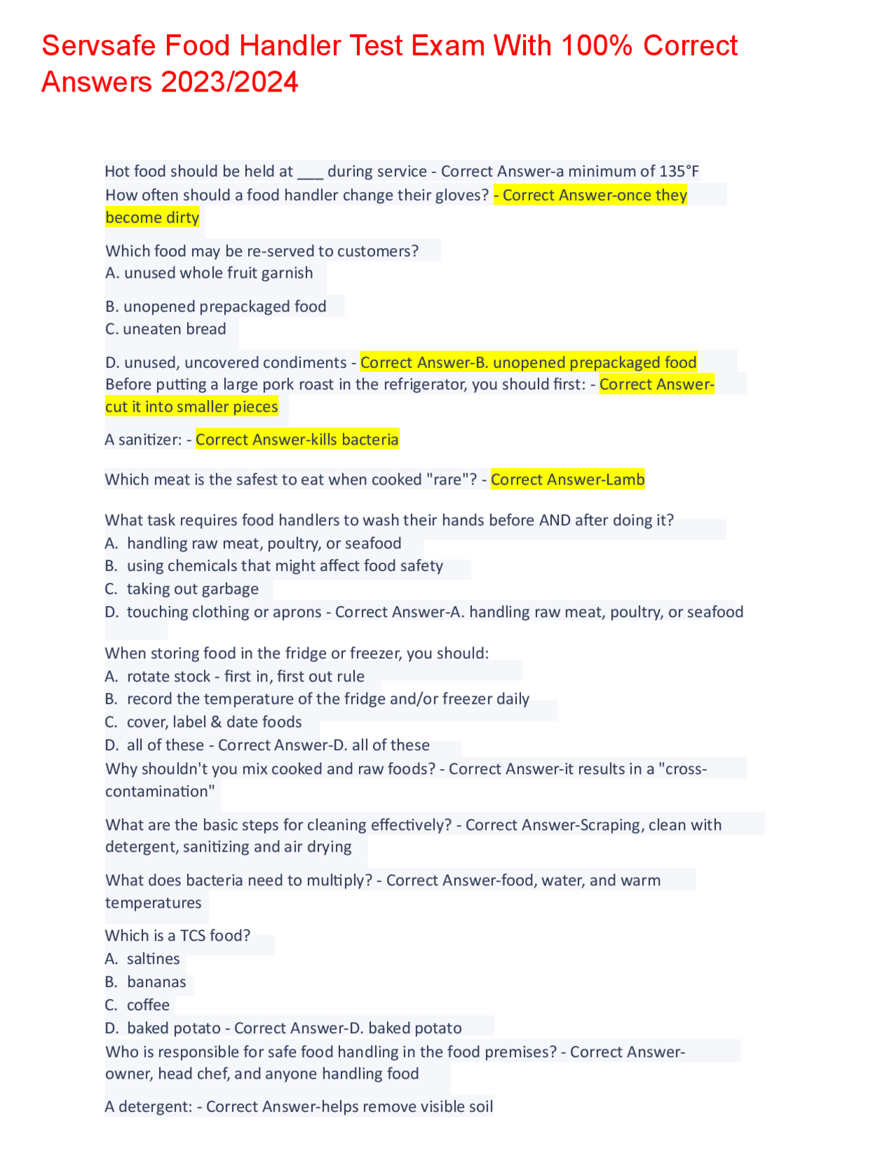 Servsafe Food Handler Test Exam With 100 Correct Answers 2023-2024 ...