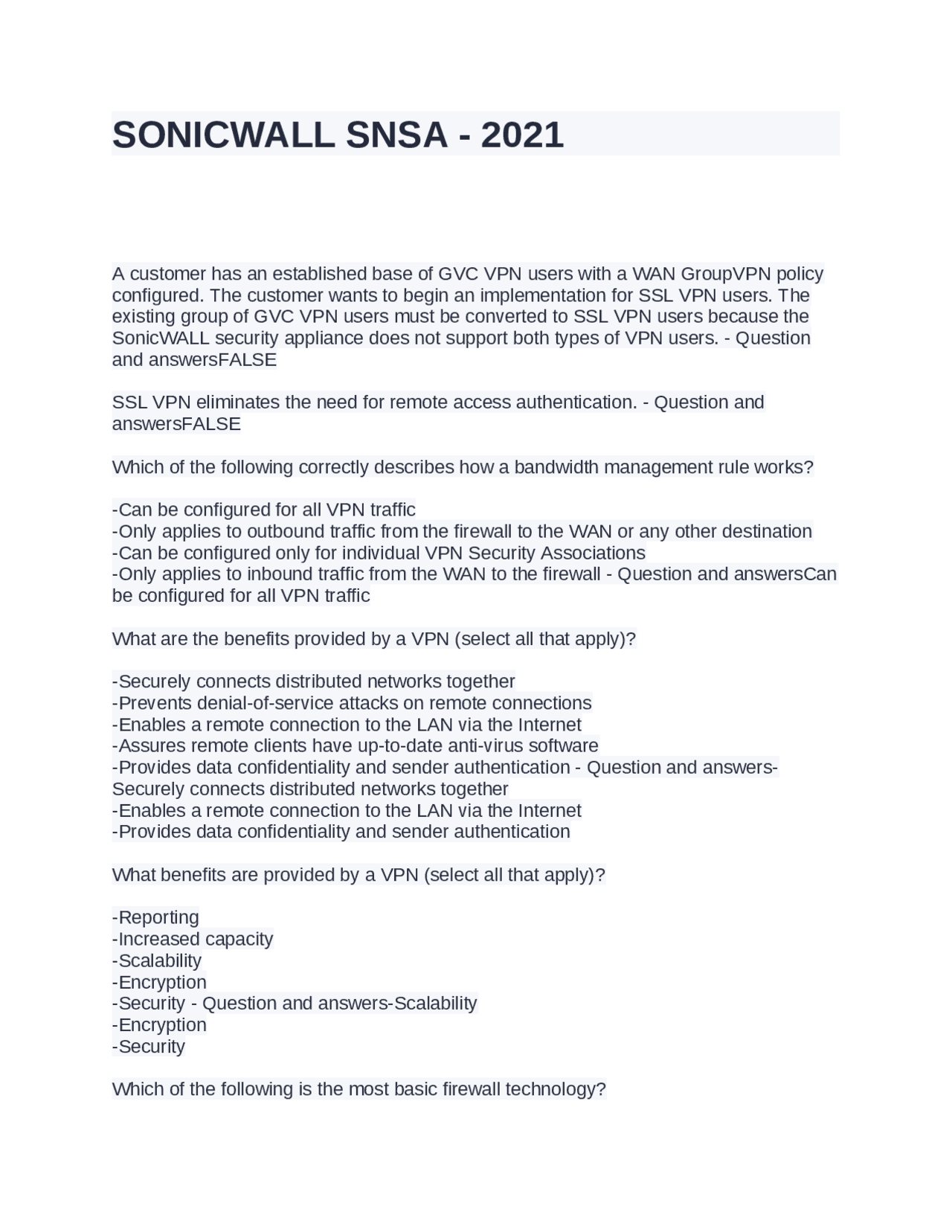 SONICWALL SNSA - 2021 Questions and Answers | Exams Nursing | Docsity