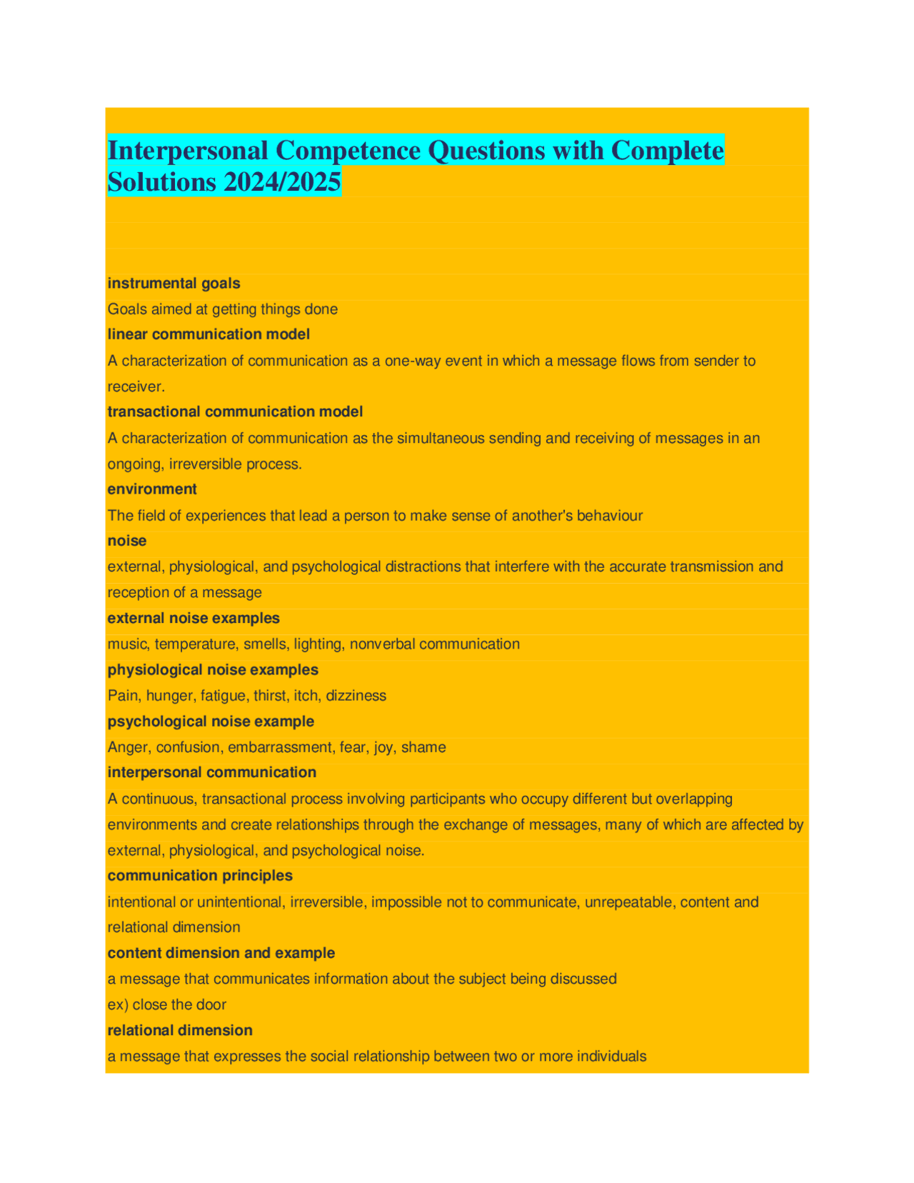 Interpersonal Competence Questions with Complete Solutions 2024/2025 | Exams Communication | Docsity