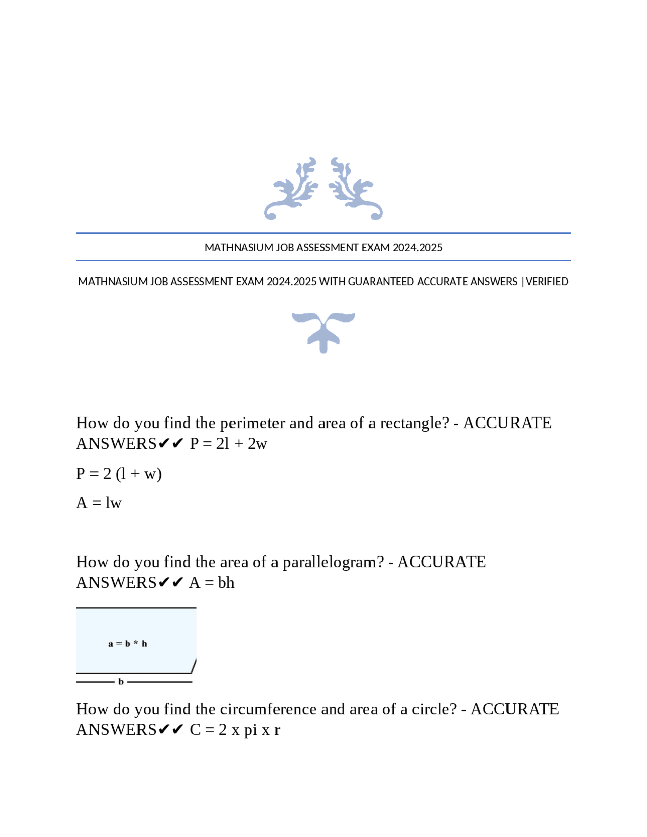 MATHNASIUM JOB ASSESSMENT EXAM 2024.2025 WITH GUARANTEED ACCURATE ...