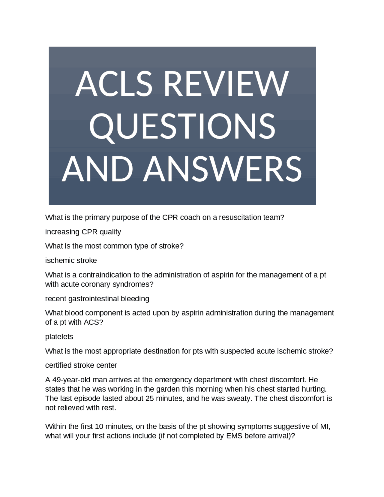 ACLS REVIEW QUESTIONS AND ANSWERS | Exams Nursing | Docsity