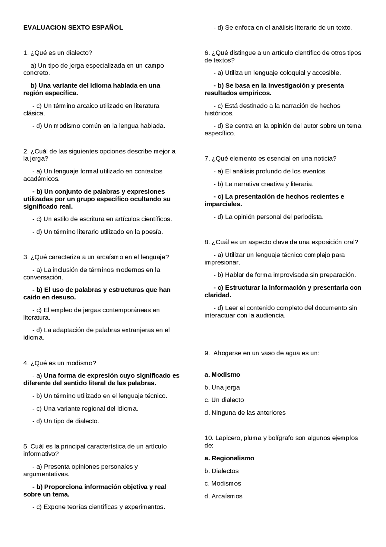Spanish Exam. Contiene 10 preguntas para evaluar conocimientos de los ...
