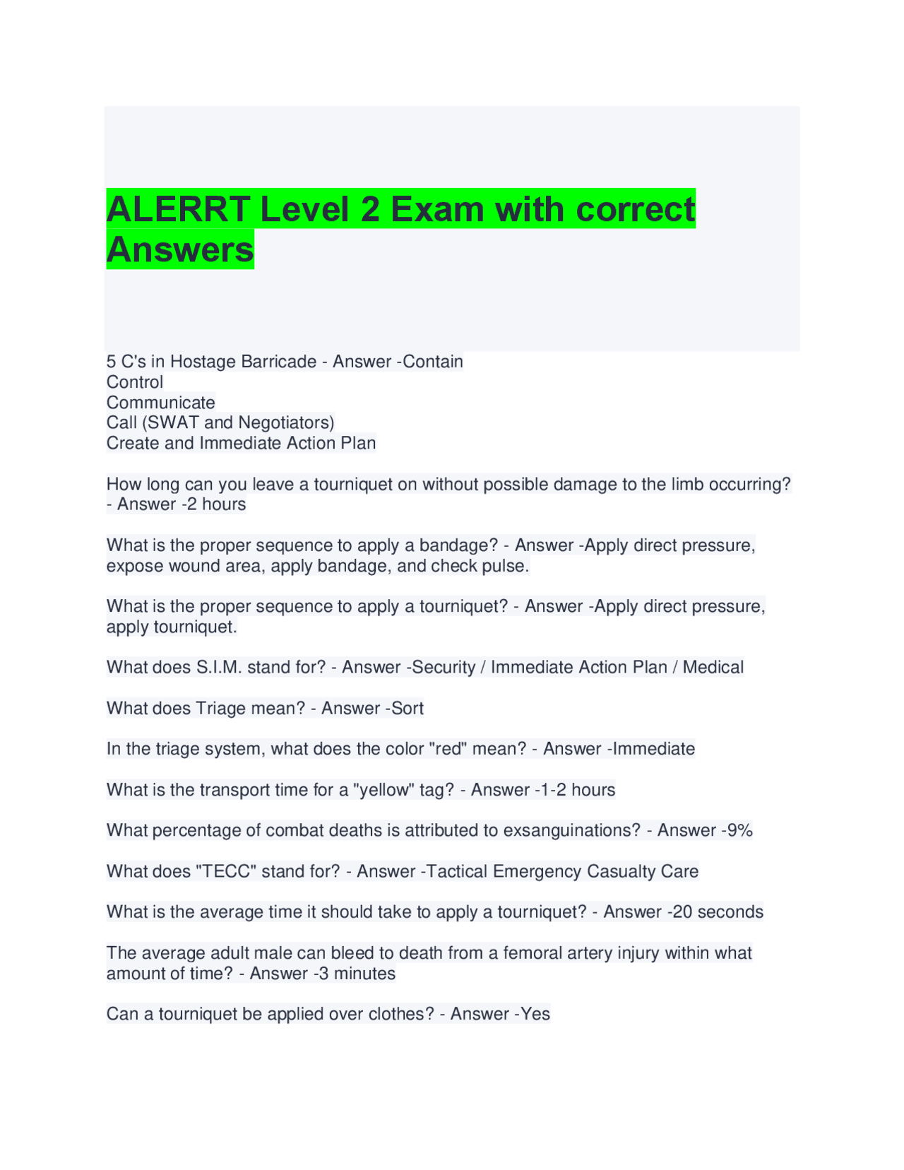 ALERRT Level 2 Exam with correct Answers | Exams Advanced Education ...