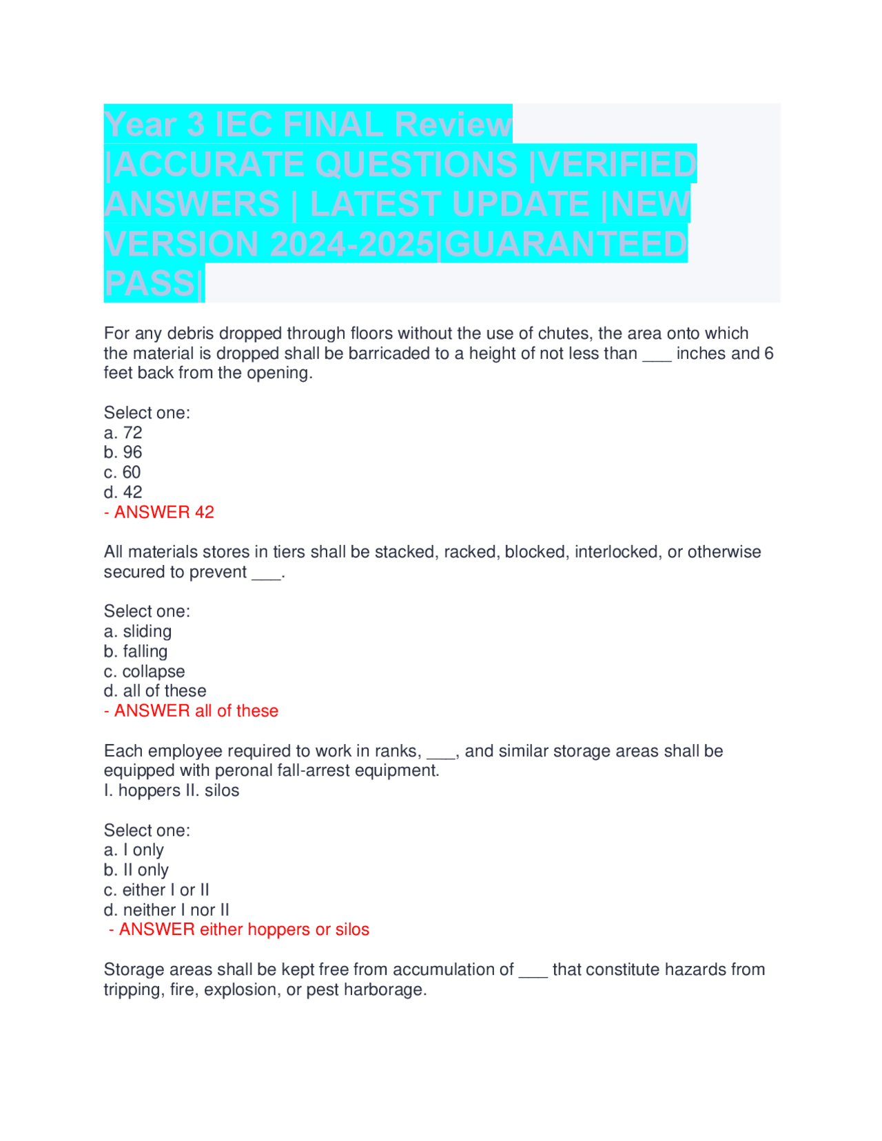 Year 3 IEC FINAL Review |ACCURATE QUESTIONS |VERIFIED ANSWERS | LATEST ...