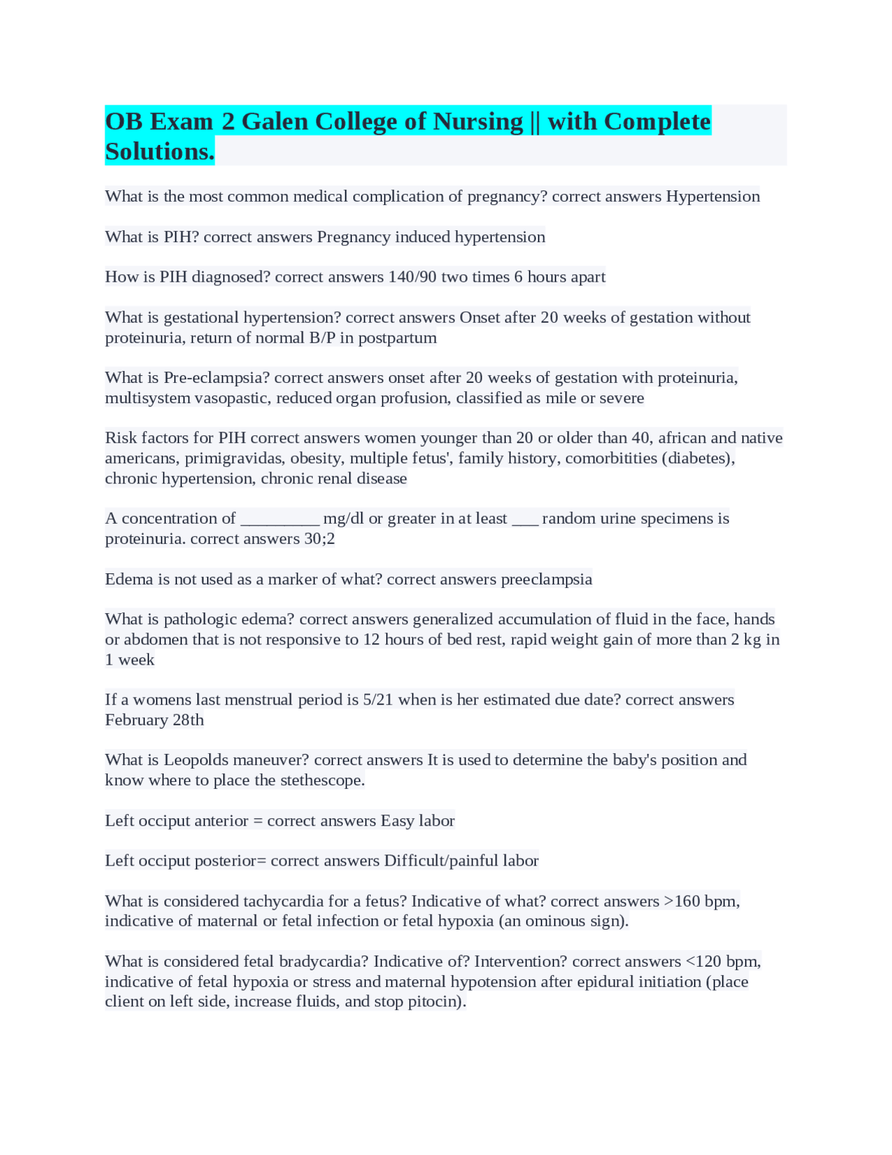 OB Exam 2 Question and Answers Galen College of Nursing 2024/2025 ...