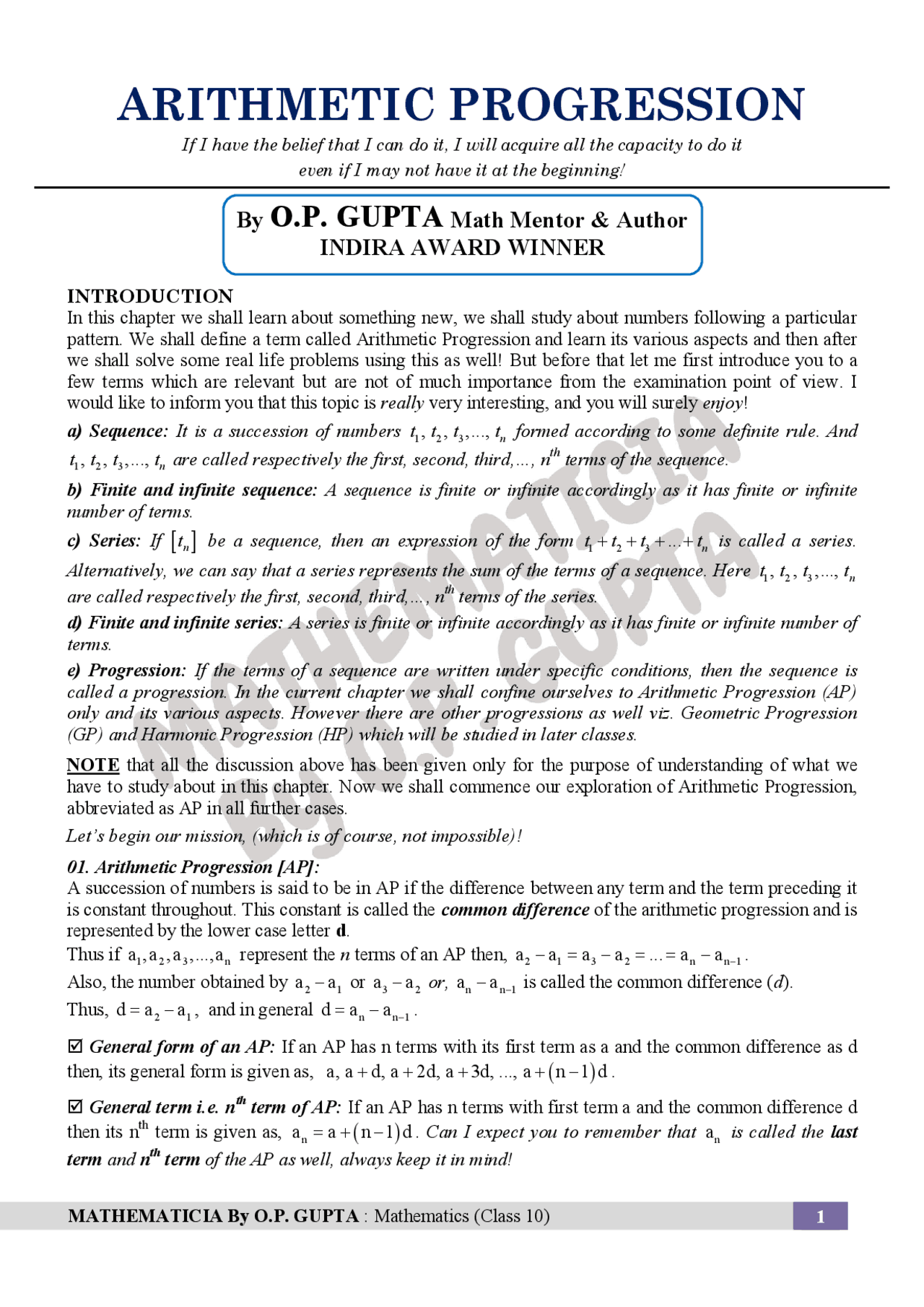 Notes about Arithmetic progression | Study notes Mathematics | Docsity