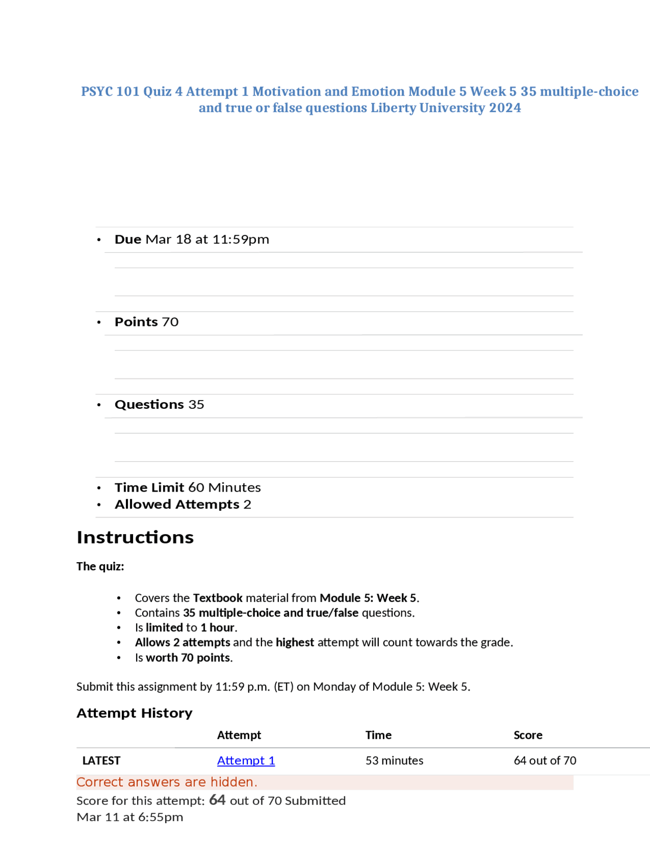 PSYC 101 Quiz 4 Attempt 1 Motivation and Emotion Module 5 Week 5 35 ...