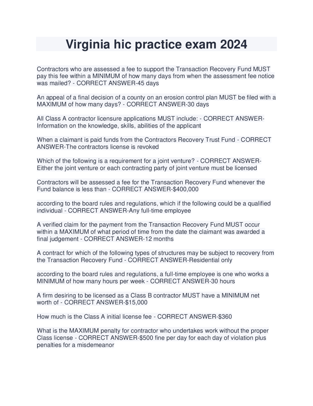 Virginia hic practice exam 2024 | Exams Engineering | Docsity