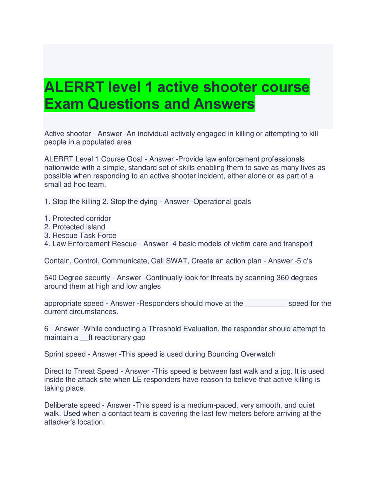 ALERRT level 1 active shooter course Exam Questions and Answers | Exams ...